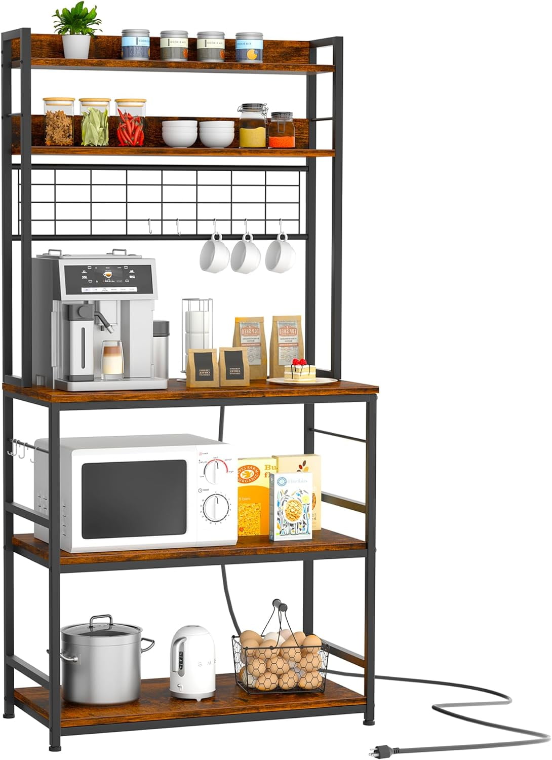 JAMFLY Kitchen Bakers Rack with Power Outlet, Coffee Bar Cabinet ...