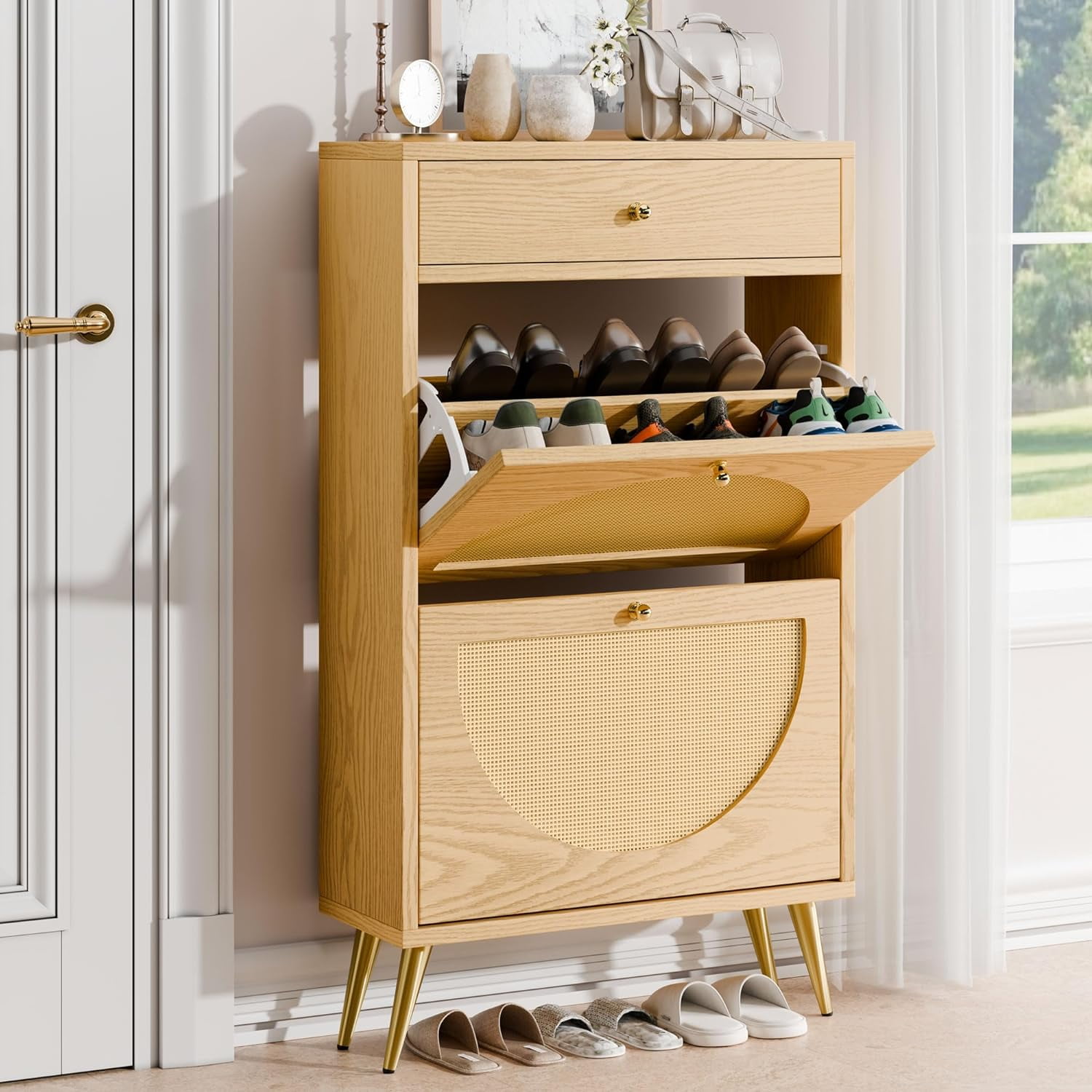 JAMFLY Shoe Cabinet with 2 Flip Drawers Shoe Storage Cabinet with 1 ...