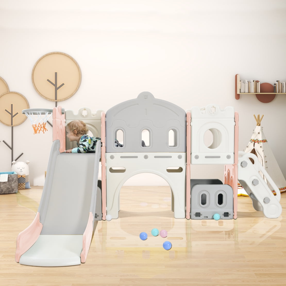 JAMPOOCA 5 in 1 Kids Slide Playset Structure, Kids Climbers Playhouse ...