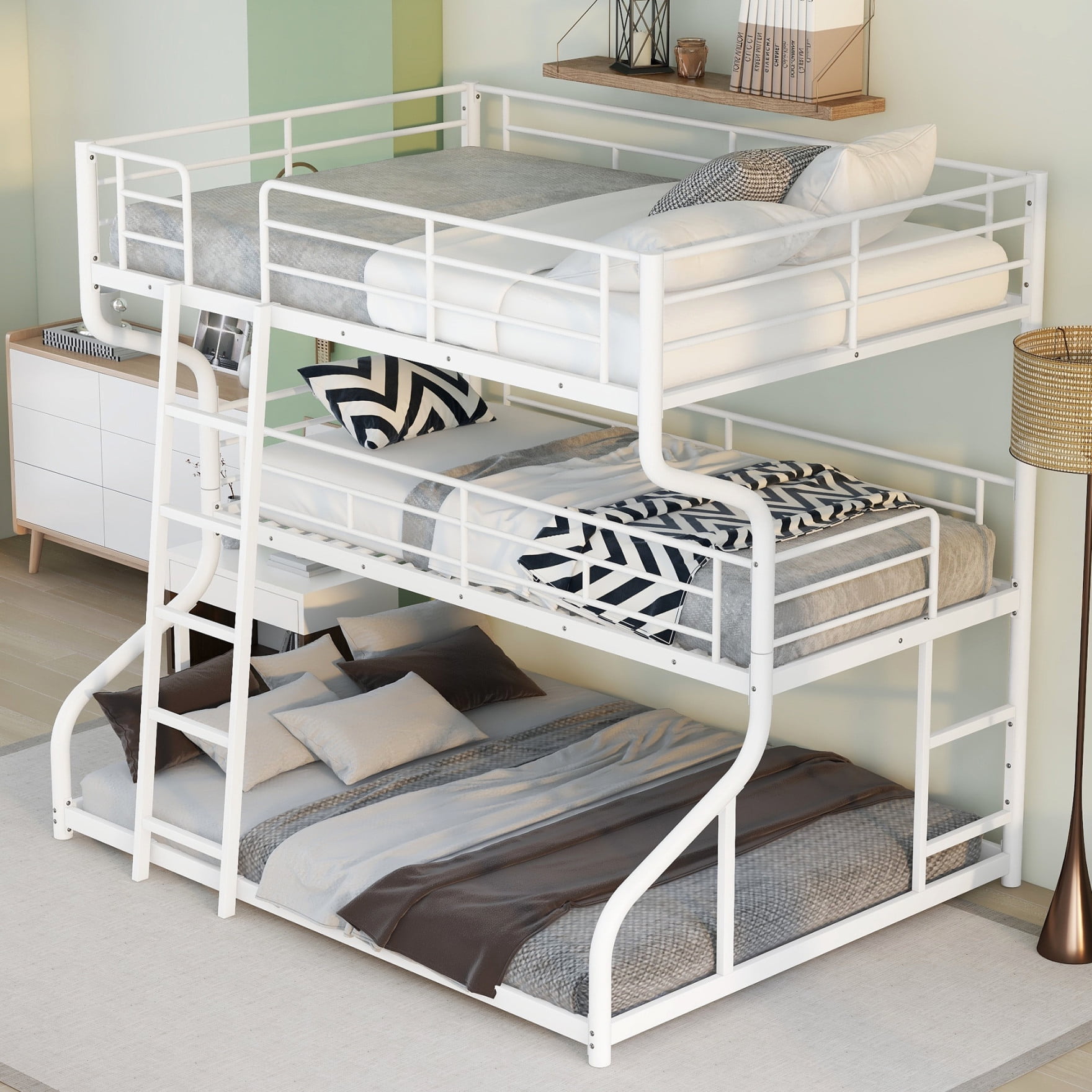JAMPOOCA Metal Triple Bunk Bed, Full Xl over Twin Xl over Queen Size ...