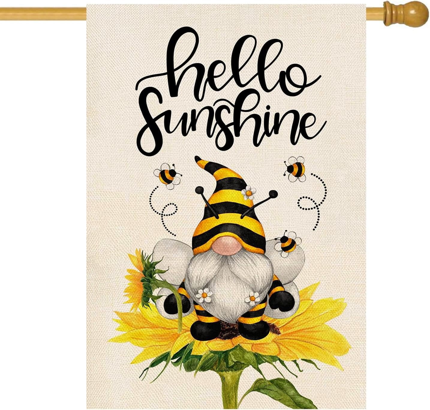 JANI Hello Sunshine Spring Summer House Flag Sunflower Gnome Bee Funny ...