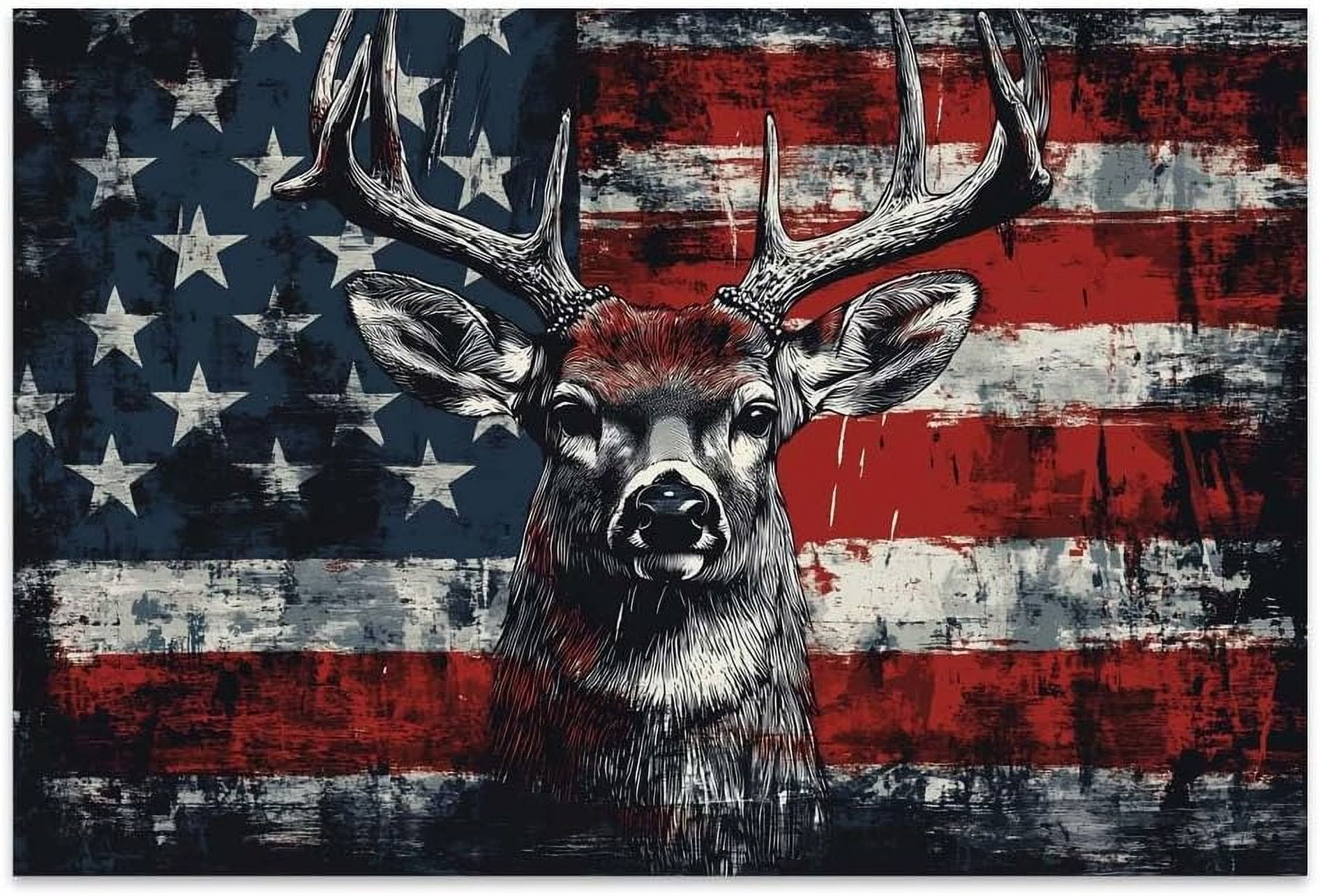 JANS.NO1 American Flag Deer Canvas Wall Art, Animal Head Rustic Wall ...