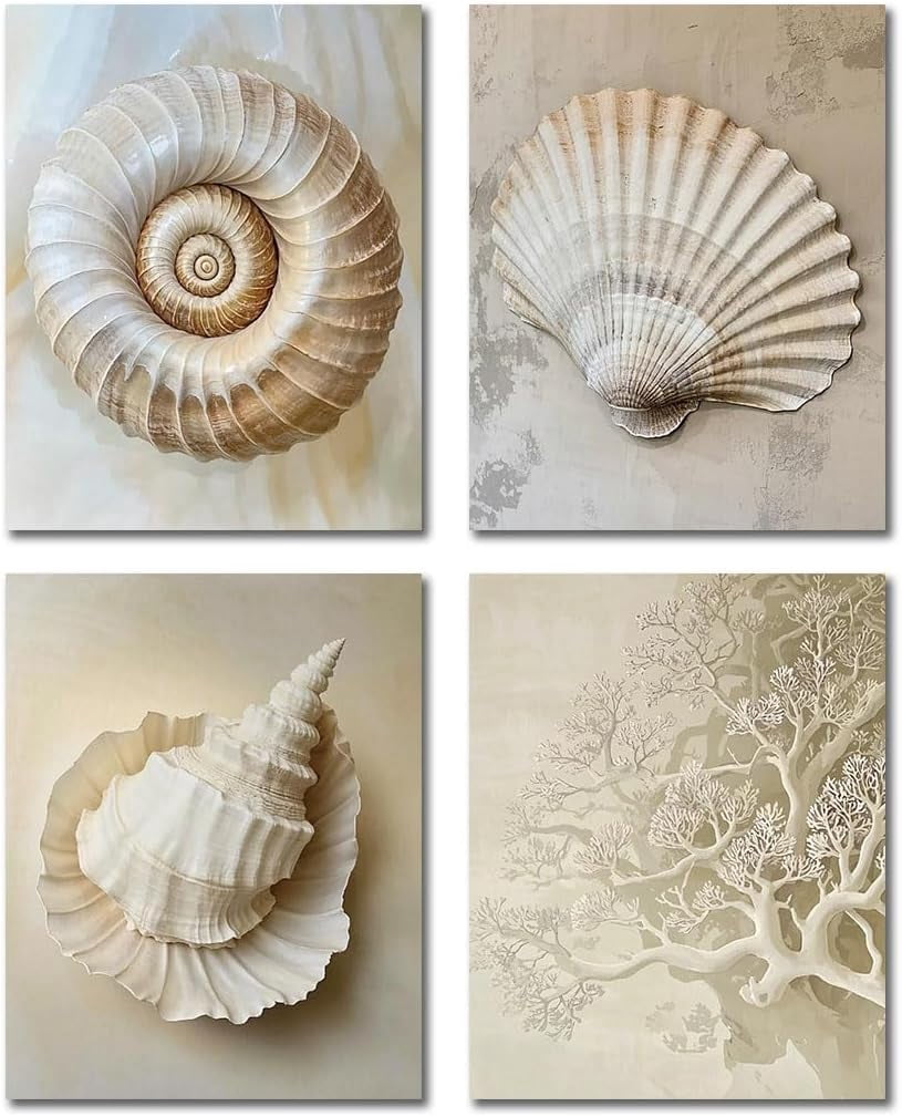 JANS.NO1 Coastal Wall Art Prints Bathroom Wall Decor,Beach Seashell Art ...