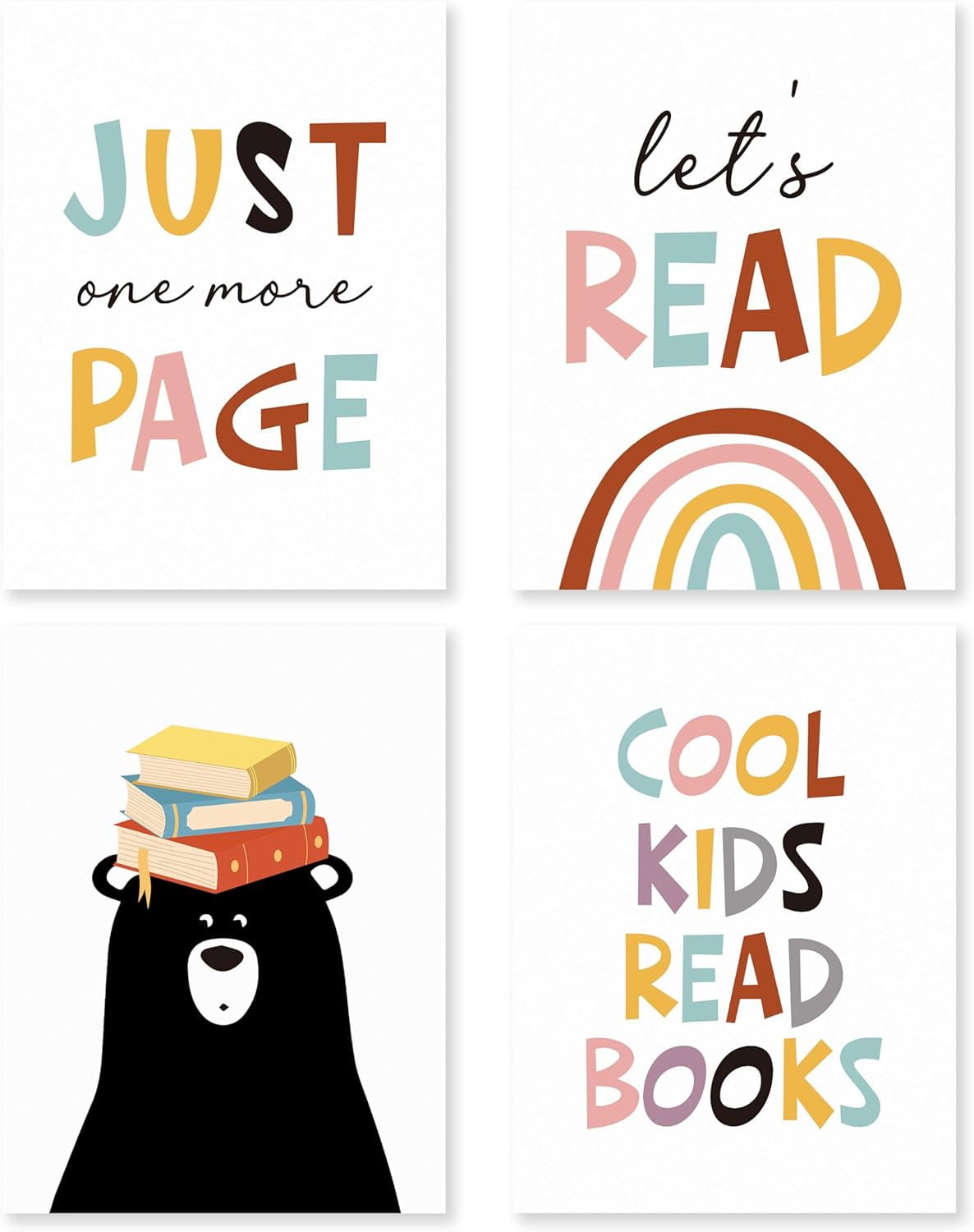 JANS.NO1 Cool Kids Read Books Wall Art Poster Set of 4, Boho Rainbow ...