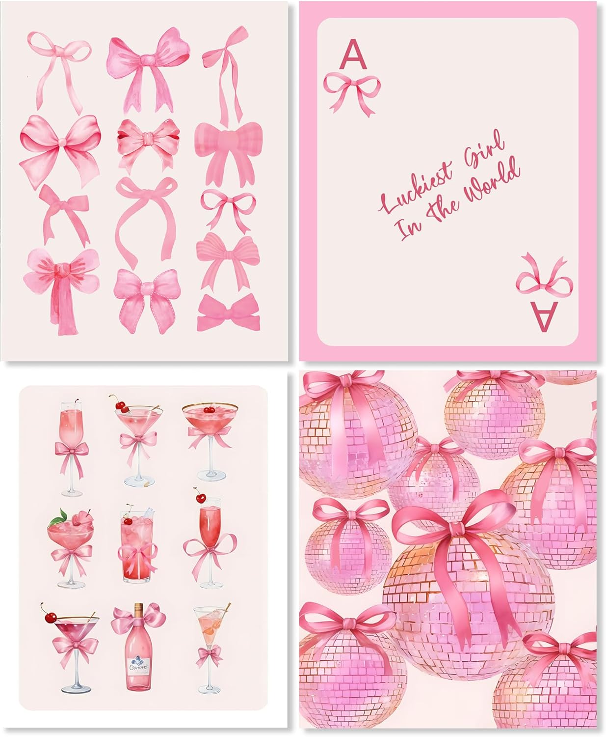 JANS.NO1 Coquette Pink Cherry Bow Preppy Wall Art Prints 12"x16" Set of ...
