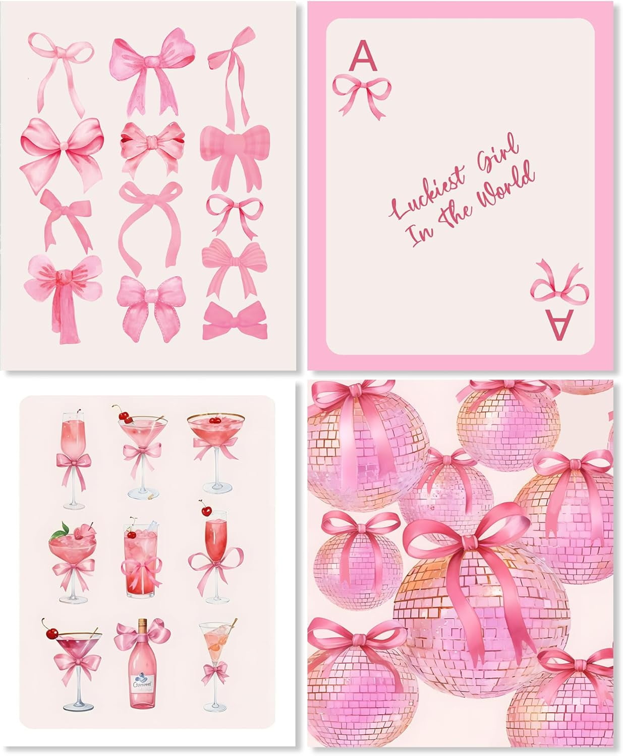 JANS.NO1 Coquette Pink Cherry Bow Preppy Wall Art Prints 16"x20" Set of ...