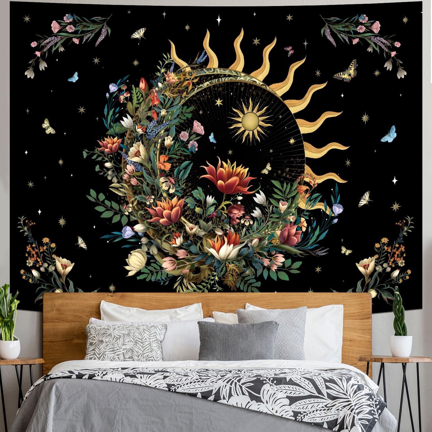 JANS.NO1 Floral Plants Tapestry Sun and Moon Tapestry Retro Botanical ...