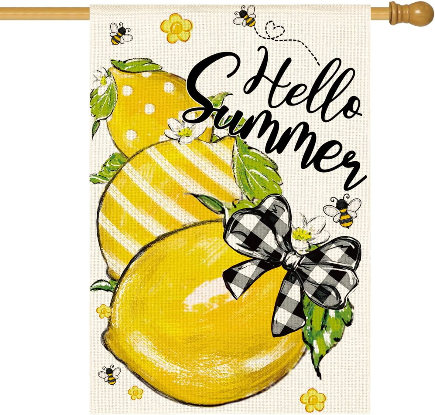 JANS.NO1 Hello Summer Garden Flag Double Sided Outside, Lemon Bee Rustic Seasonal Yard Outdoor ...