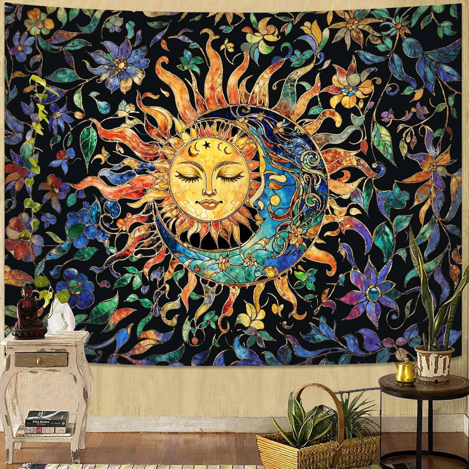 JANS.NO1 Sun and Moon Tapestry for Bedroom Boho Hippie Floral Wall ...