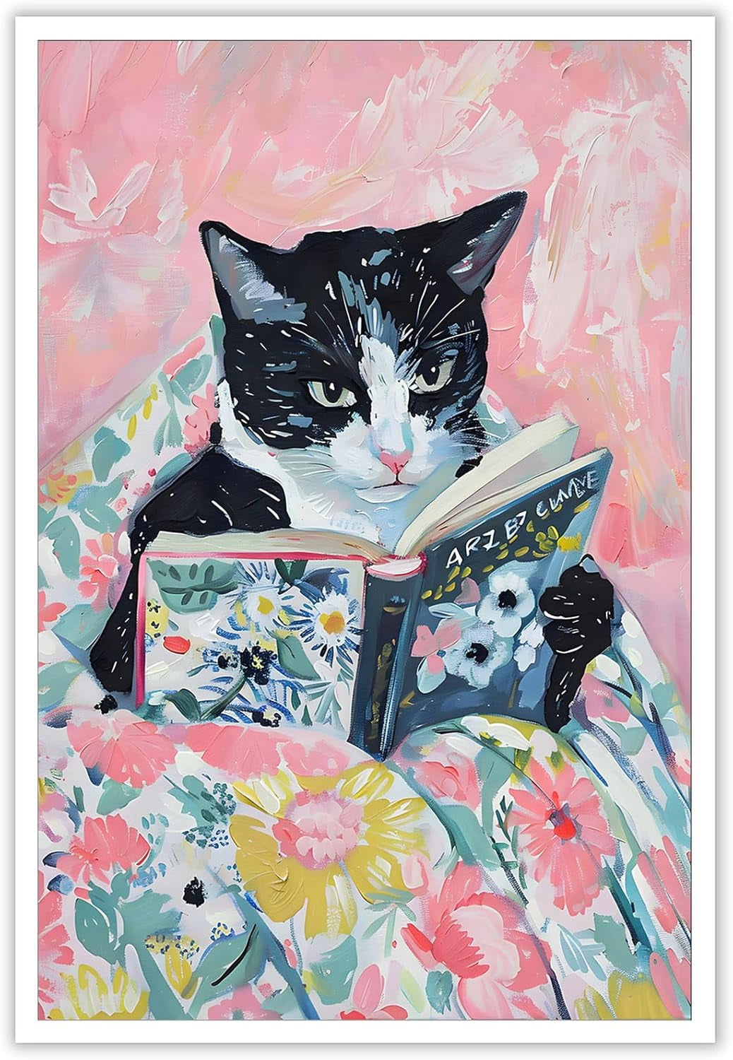 JANS.NO1 Vintage Black Cat Reading Flower Book On The Bed Posters Pink ...