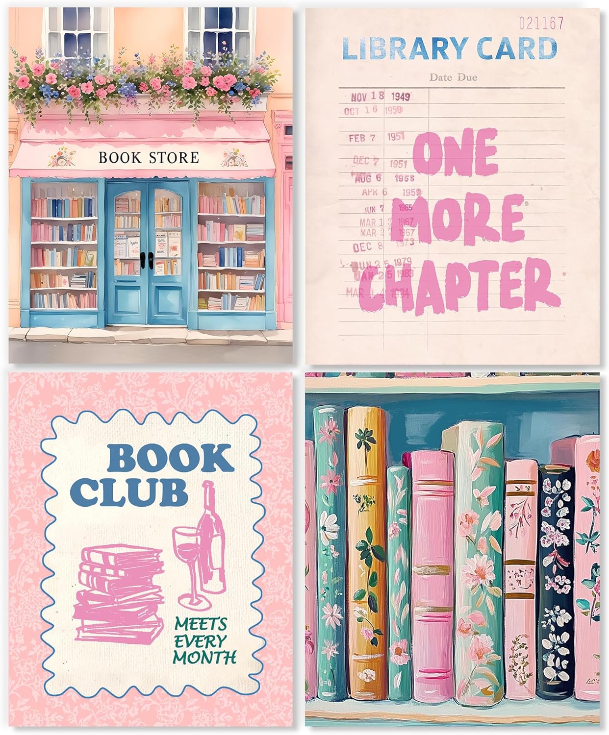 JANS.NO1 Vintage Pink Floral Bookstore Wall Art Prints 20"x30" Set of 4 ...