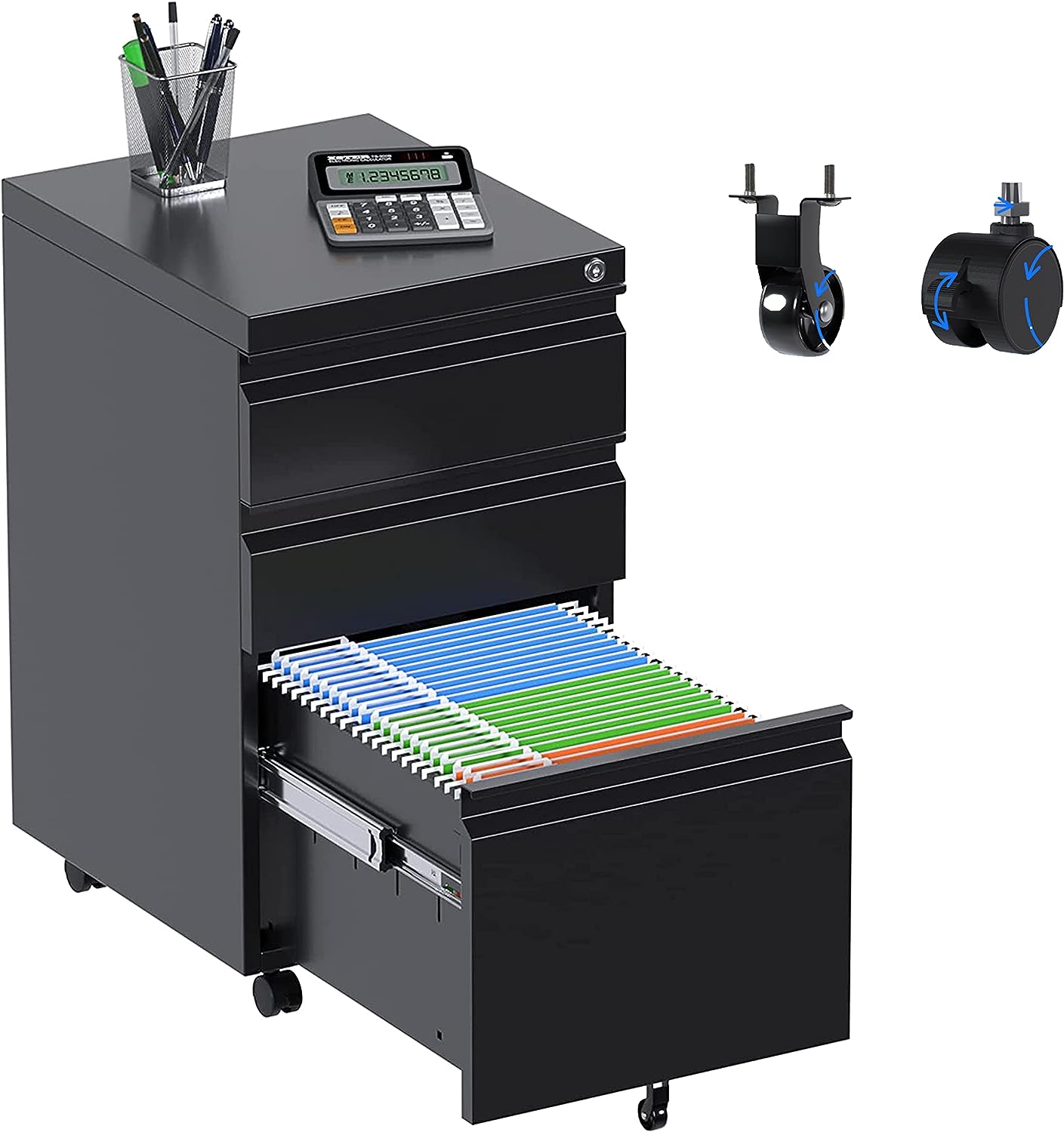 IKIMI 3 Drawer Mobile File Cabinet with Lock, Under Desk Metal Filing ...