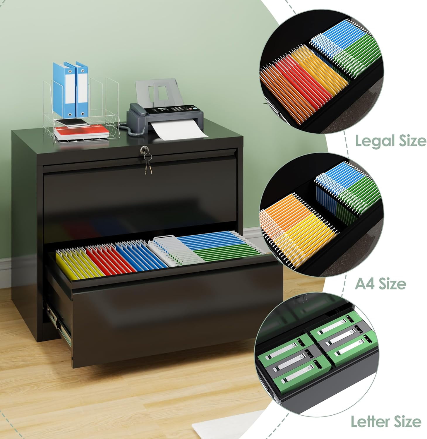 JAORD Lateral Filing Cabinet with Lock, 2-Drawer Metal Wide Lateral ...