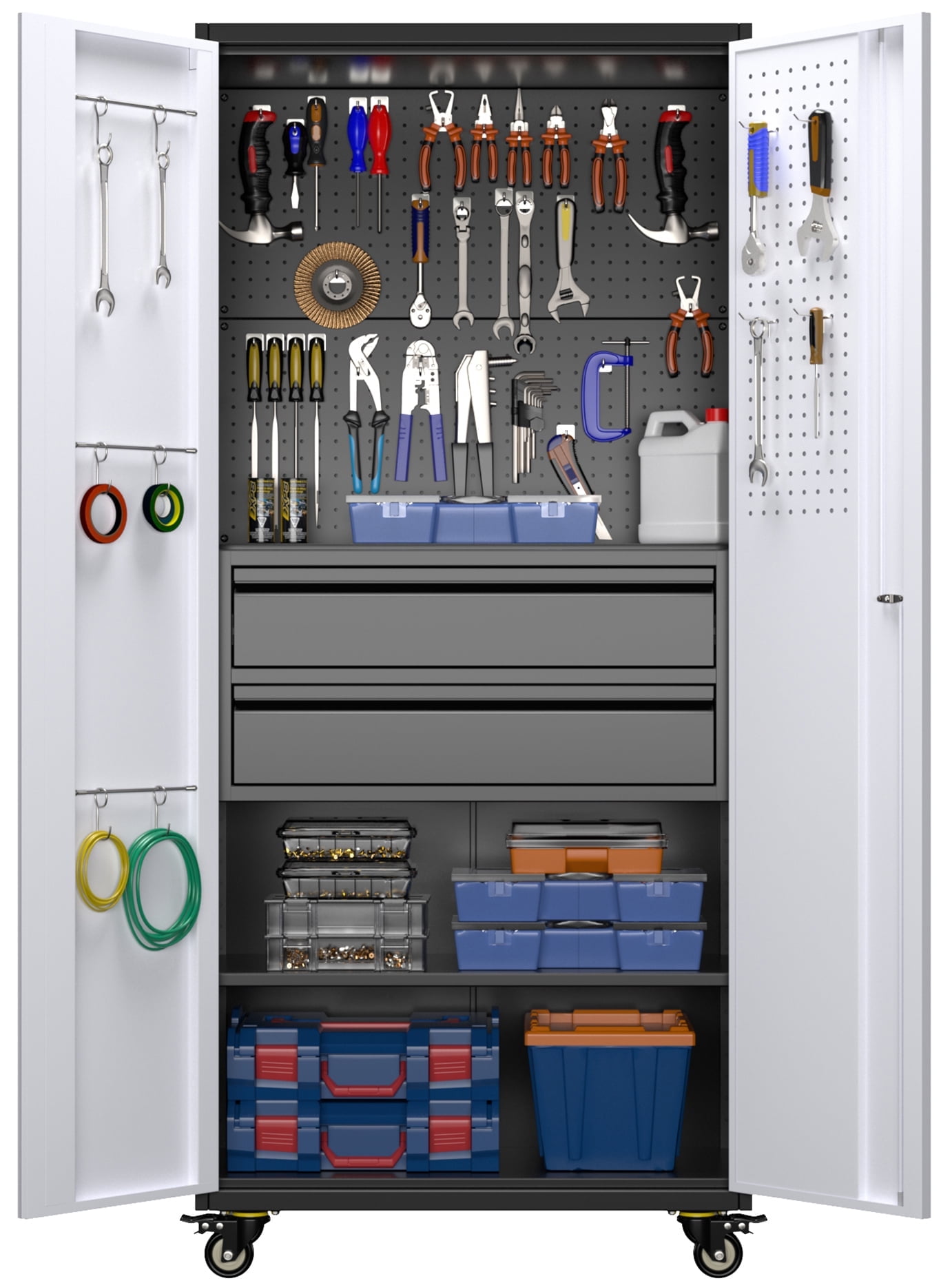 JAORD Metal Rolling Storage Cabinet with 2 Drawers & Pegboards ...