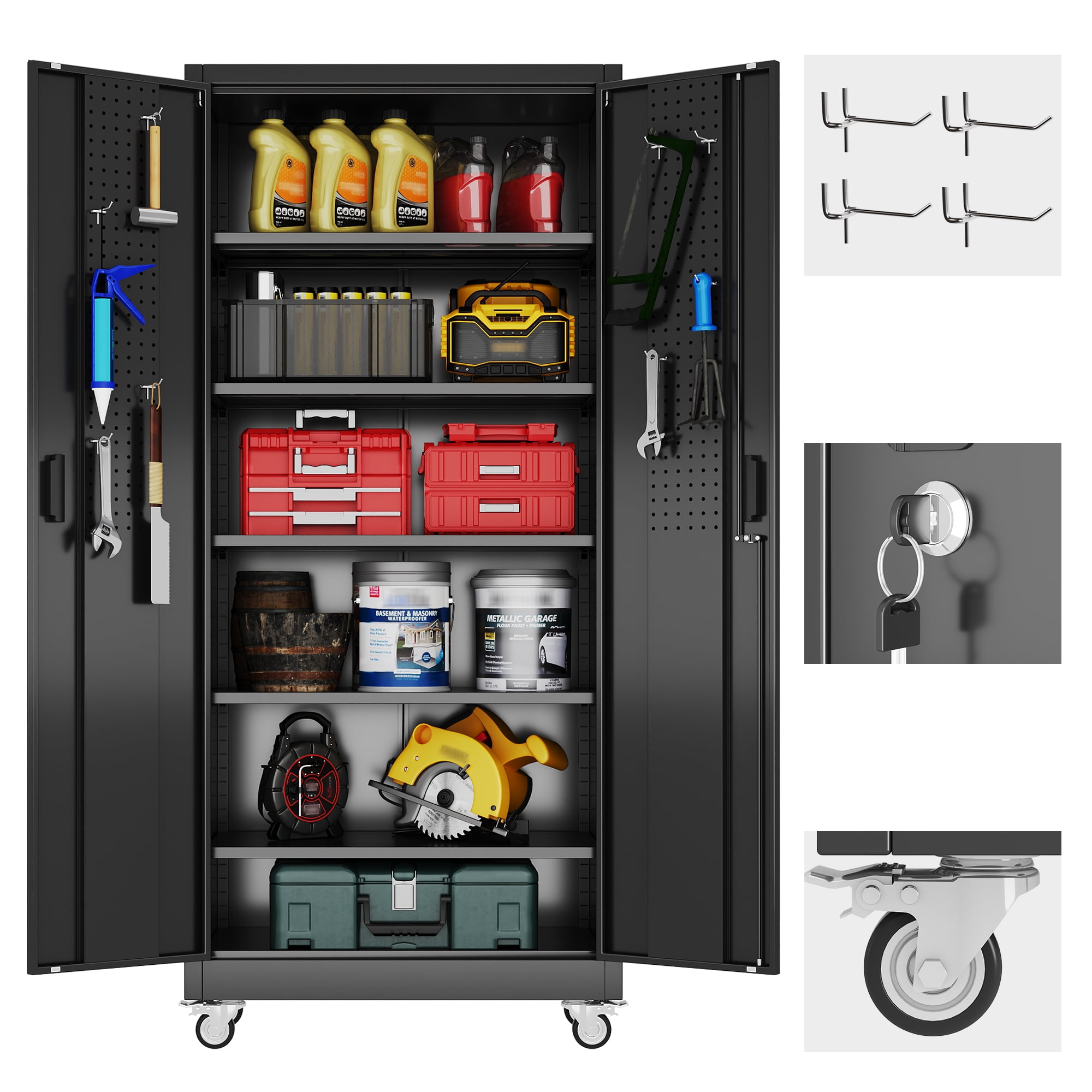 JAORD Metal Rolling Storage Cabinet with Pegboard, Adjustable Shelves ...