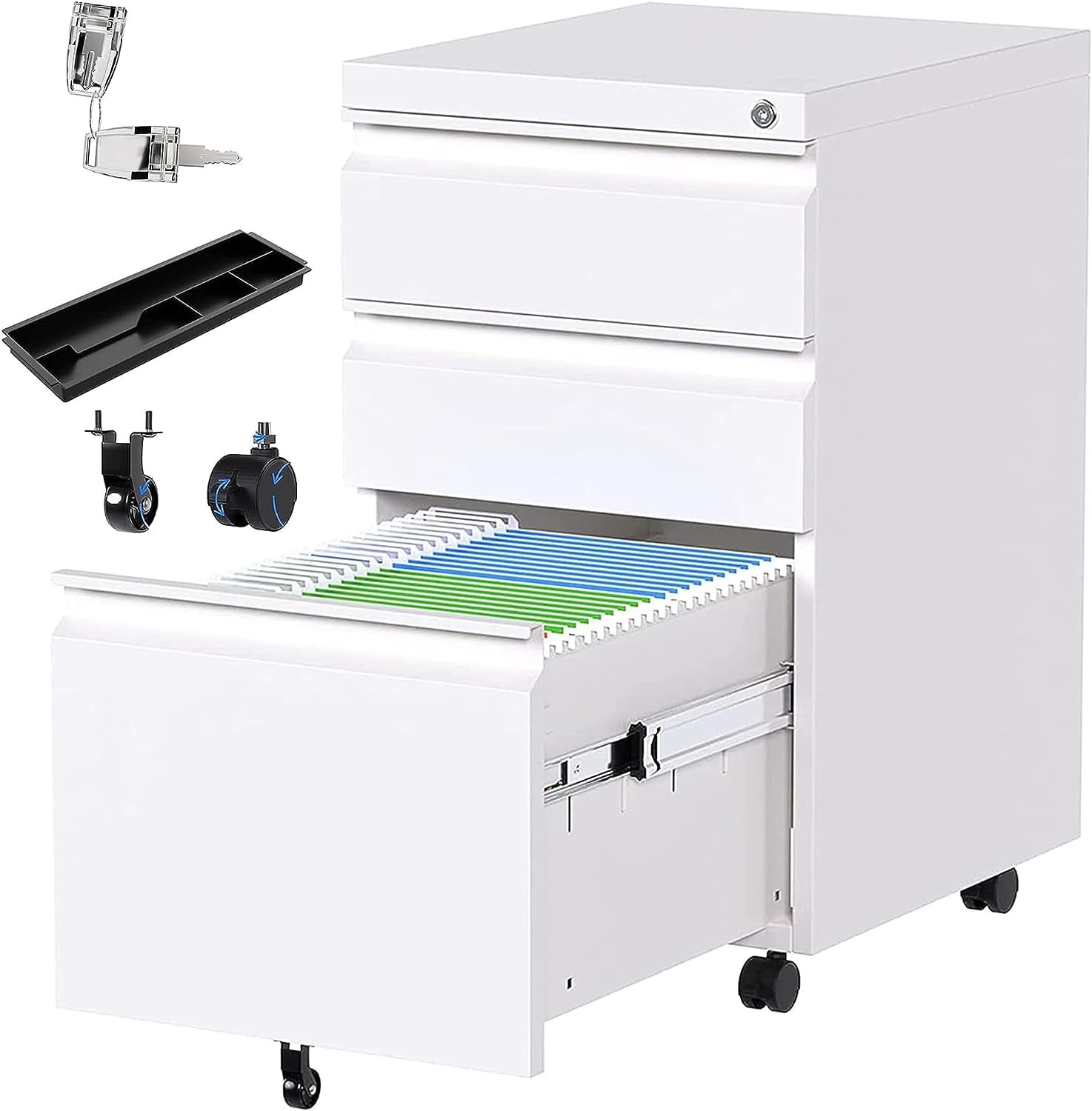 JAORD White 3 Drawer Metal File Cabinet with Lock&Wheels, Under Desk ...