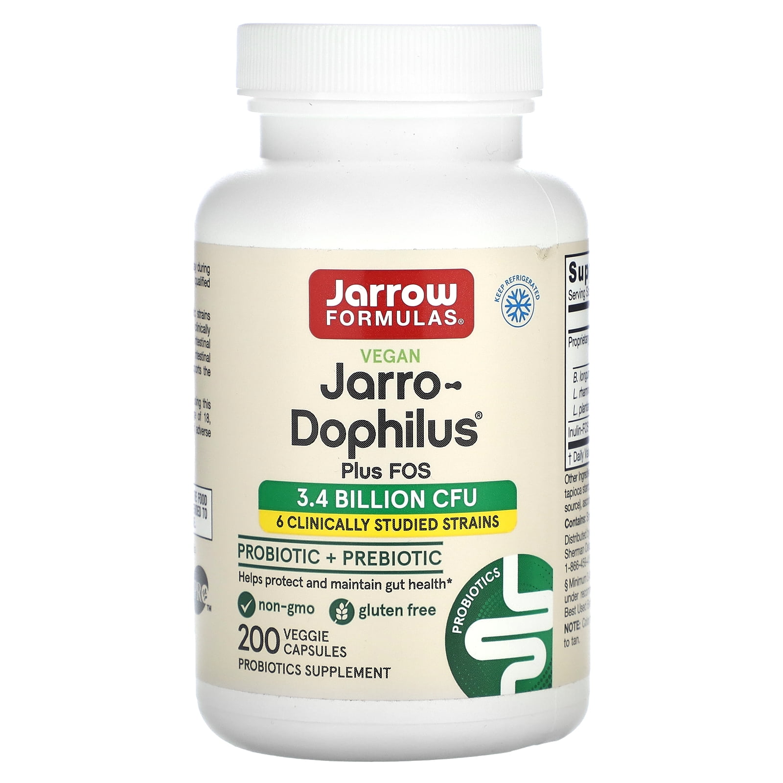Jarrow Formulas Jarro-Dophilus + FOS, 200 Capsules Probiotic Supplement ...