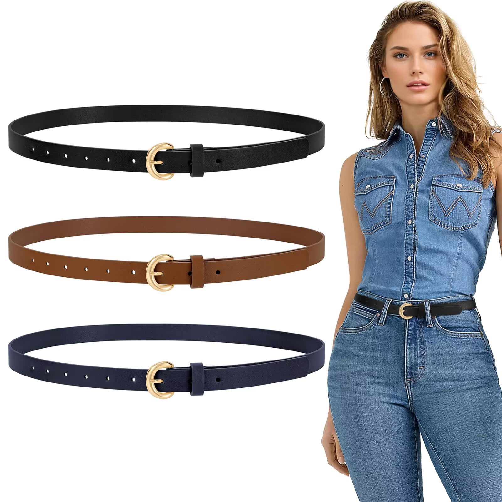 JASGOOD 3 Pack Skinny Belts for Women Trendy Leather Belt for Jeans ...