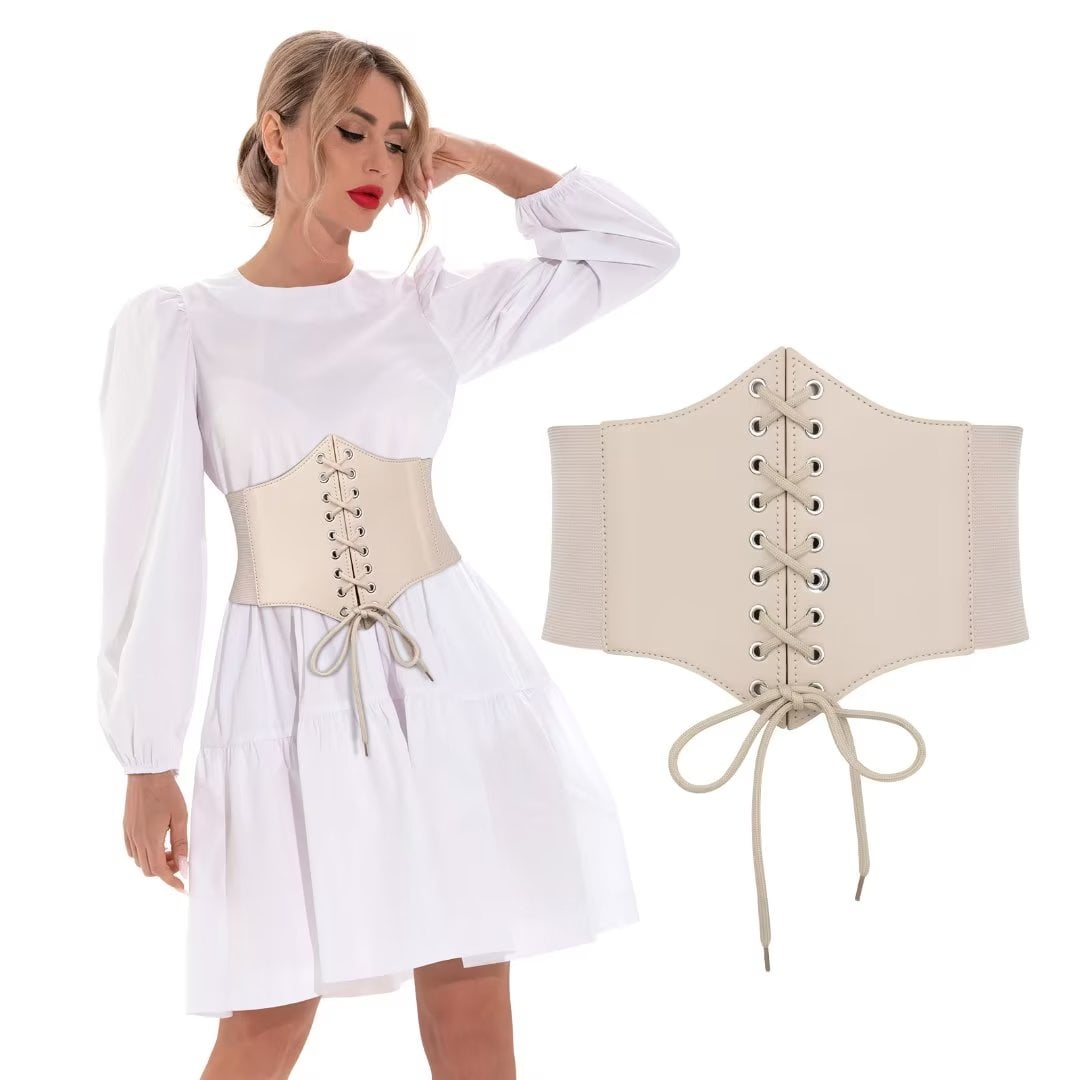 Jasgood Corset Belt For Women Beige Wide Elastic Lace Up Leather Belts