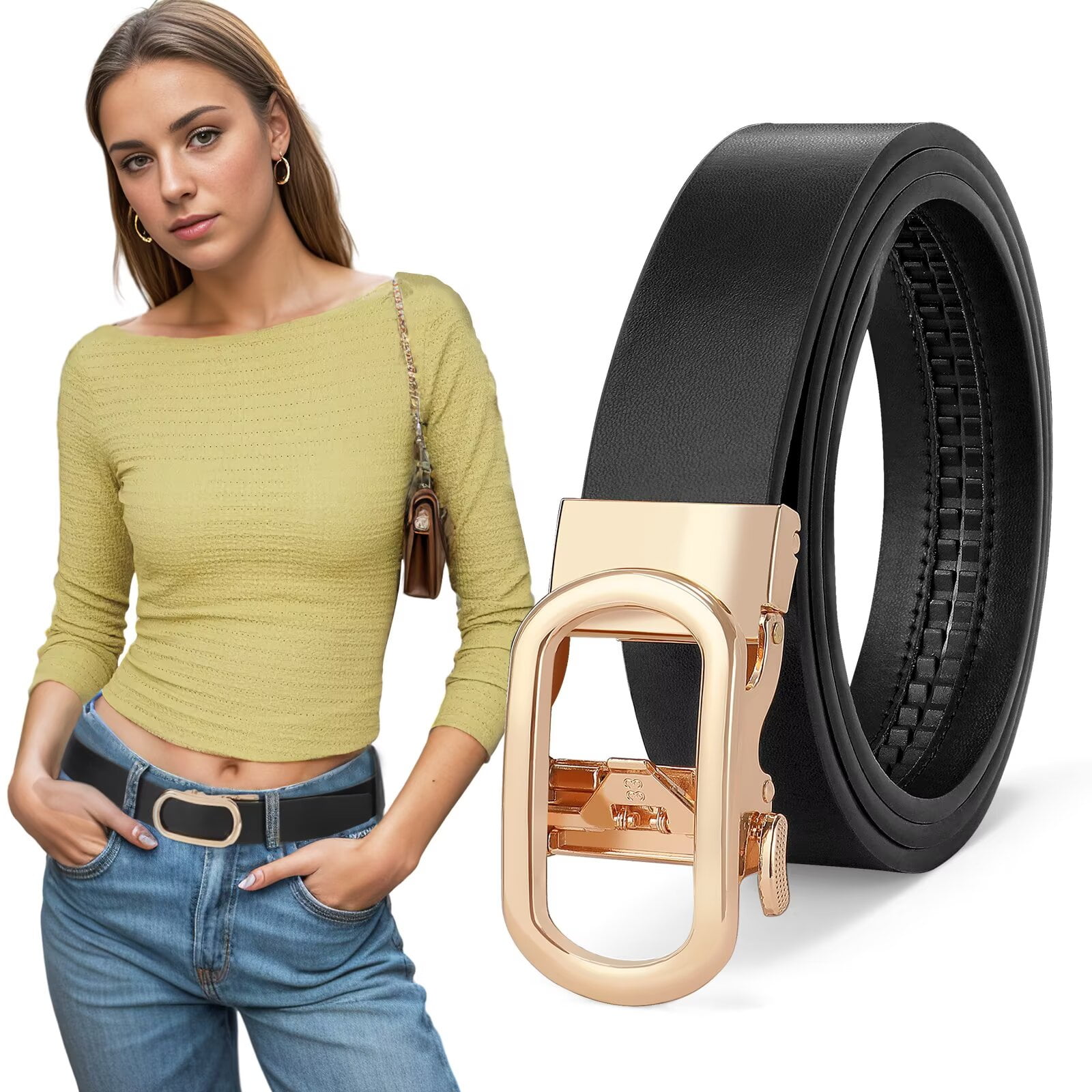 JASGOOD Ratchet Leather Belt for Women Ladies Belt with Gold Buckle ...