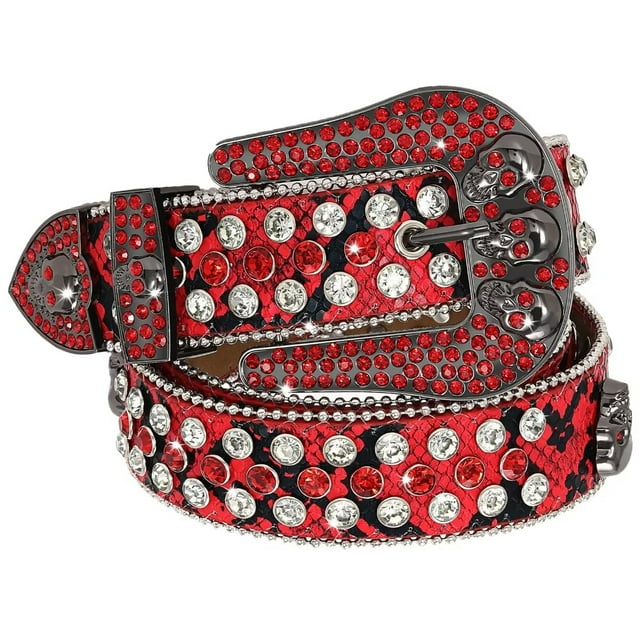 Jasgood Western Belt For Women Men Skull Design Leather Rhinestone Belts For Jeans Pants