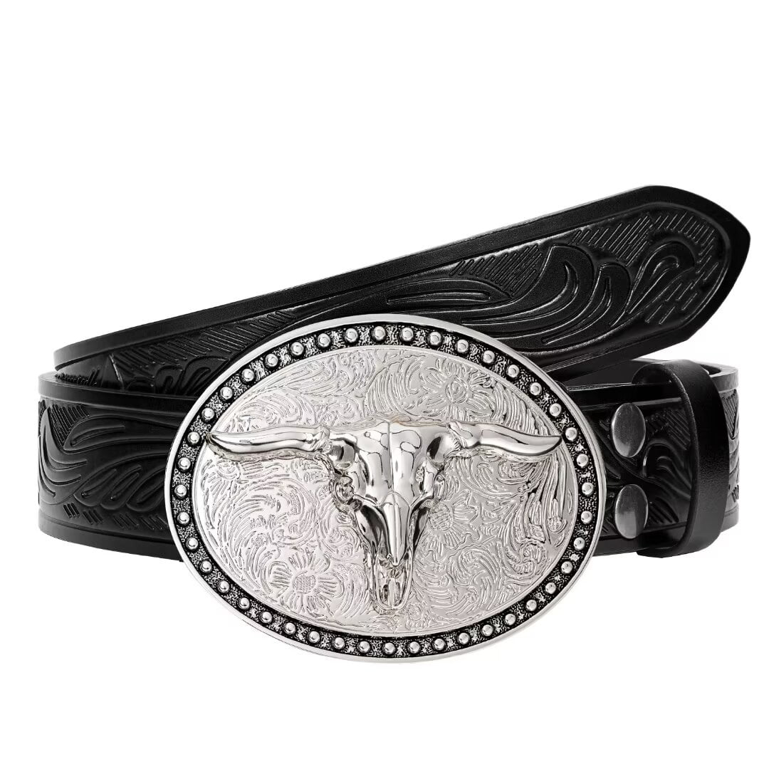 JASGOOD Western Belts for Men, Cowboy Longhorn Bull Buckle Belt Women ...