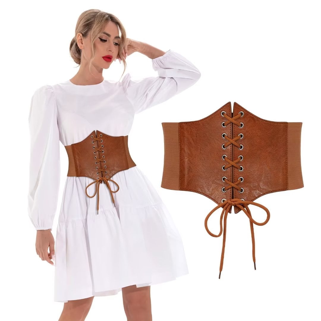 JASGOOD Women Corset Belt, Brown Wide Elastic Lace-Up Leather Belt for ...
