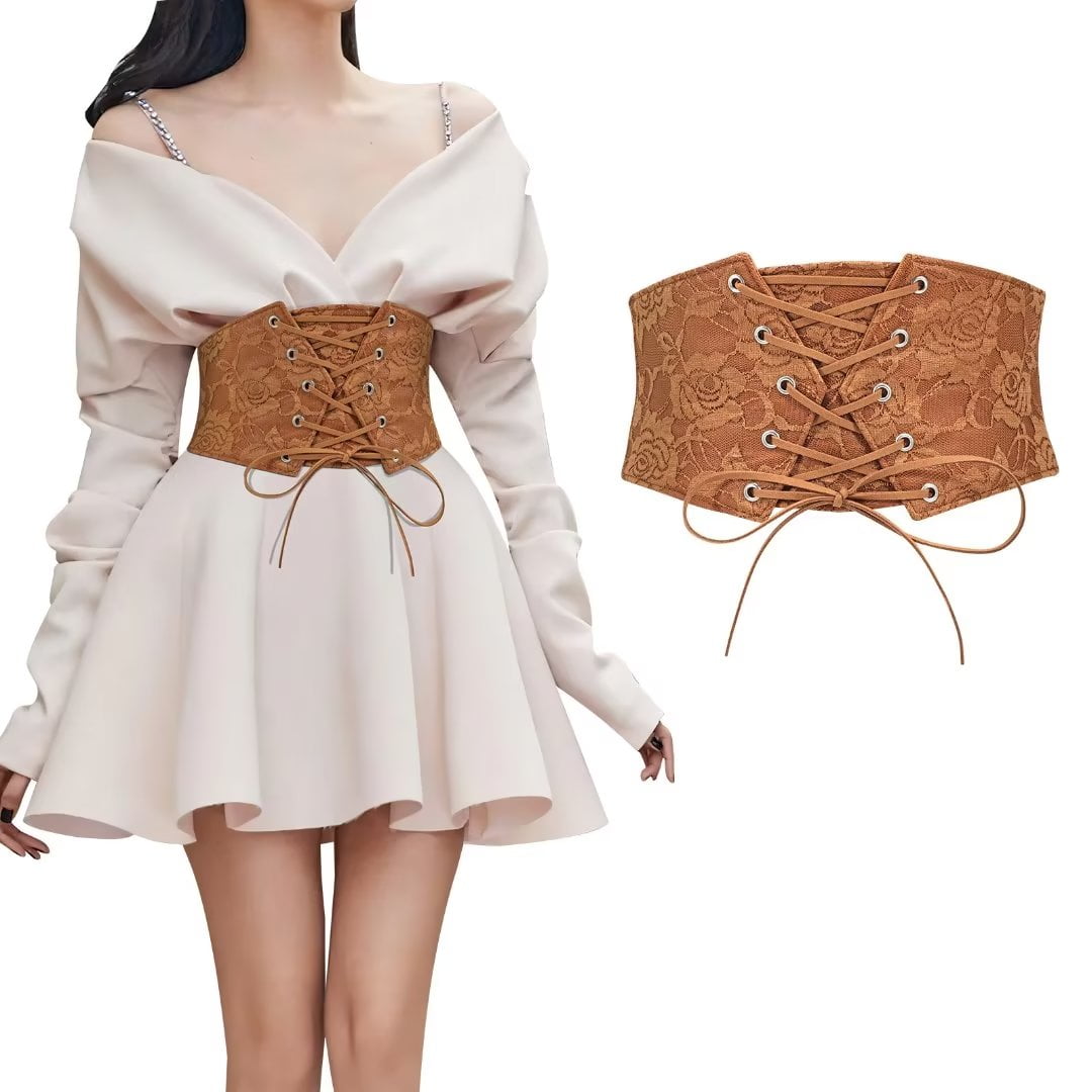Jasgood Women Elastic Wide Belt Lace Up Tied Waspie Brown Corset Belts
