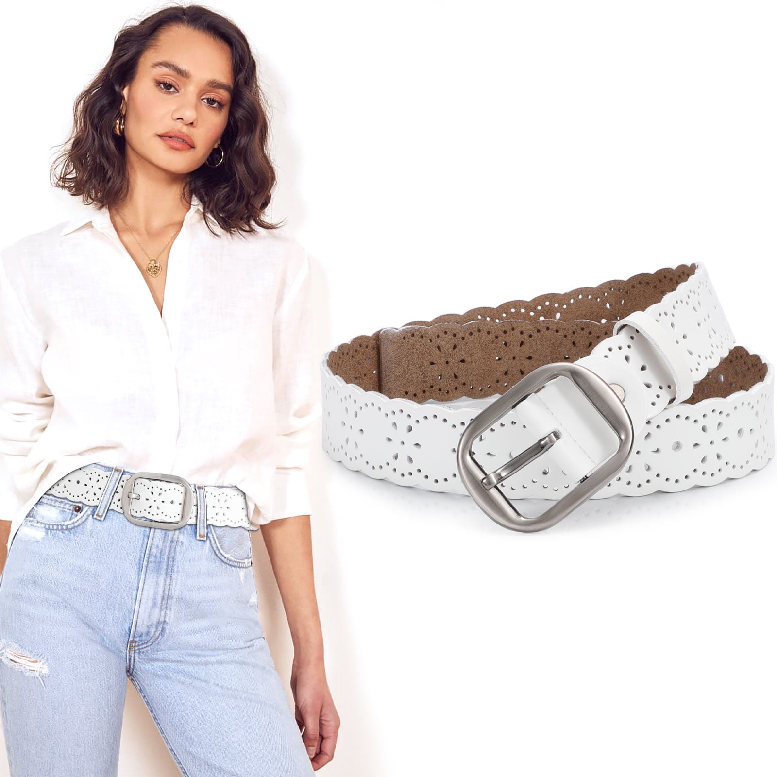 JASGOOD Women Leather Belts Hollow Flower White Belt for Ladies Jeans ...