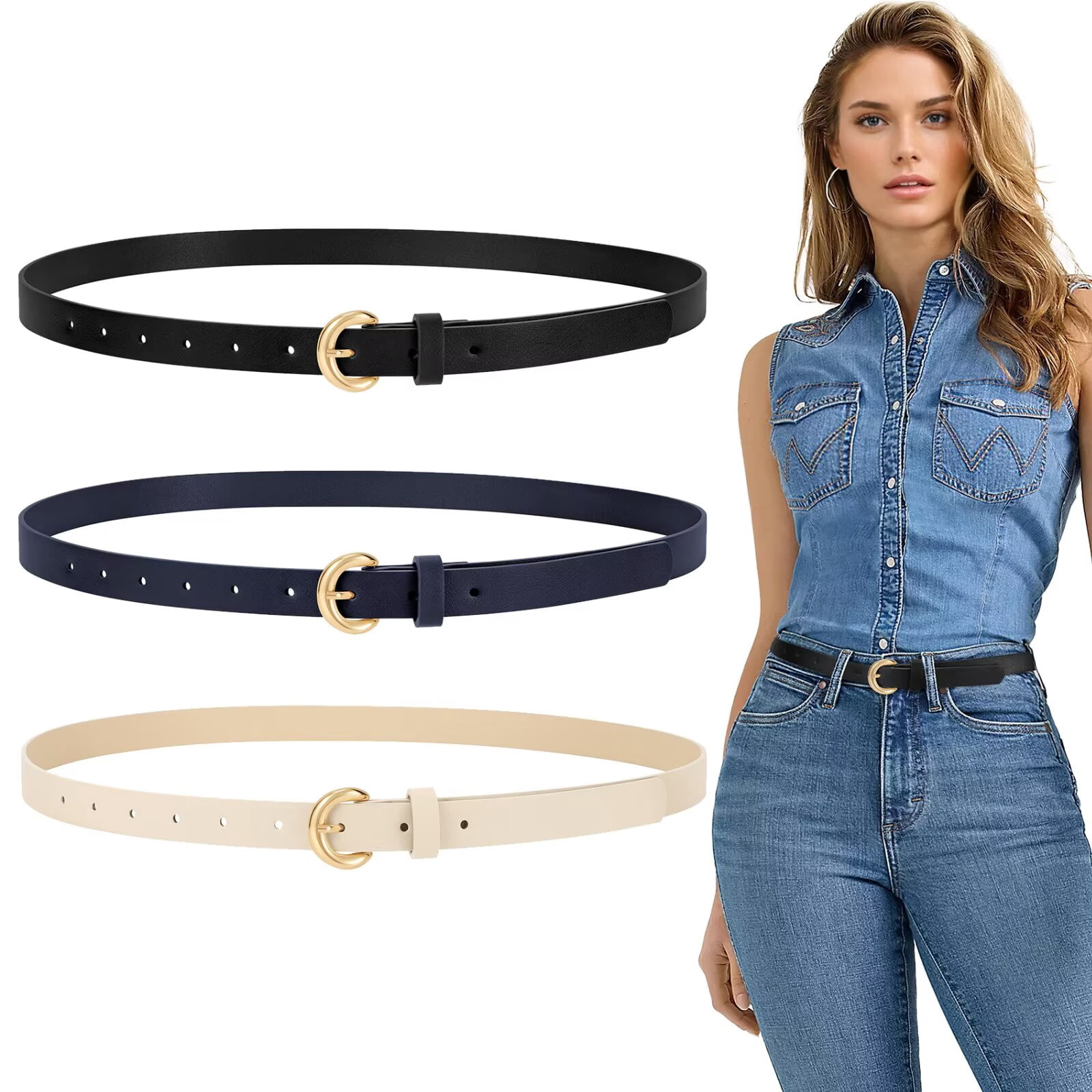 JASGOOD Women Skinny Leather Belts Trendy Waist Belt with Gold Buckle ...