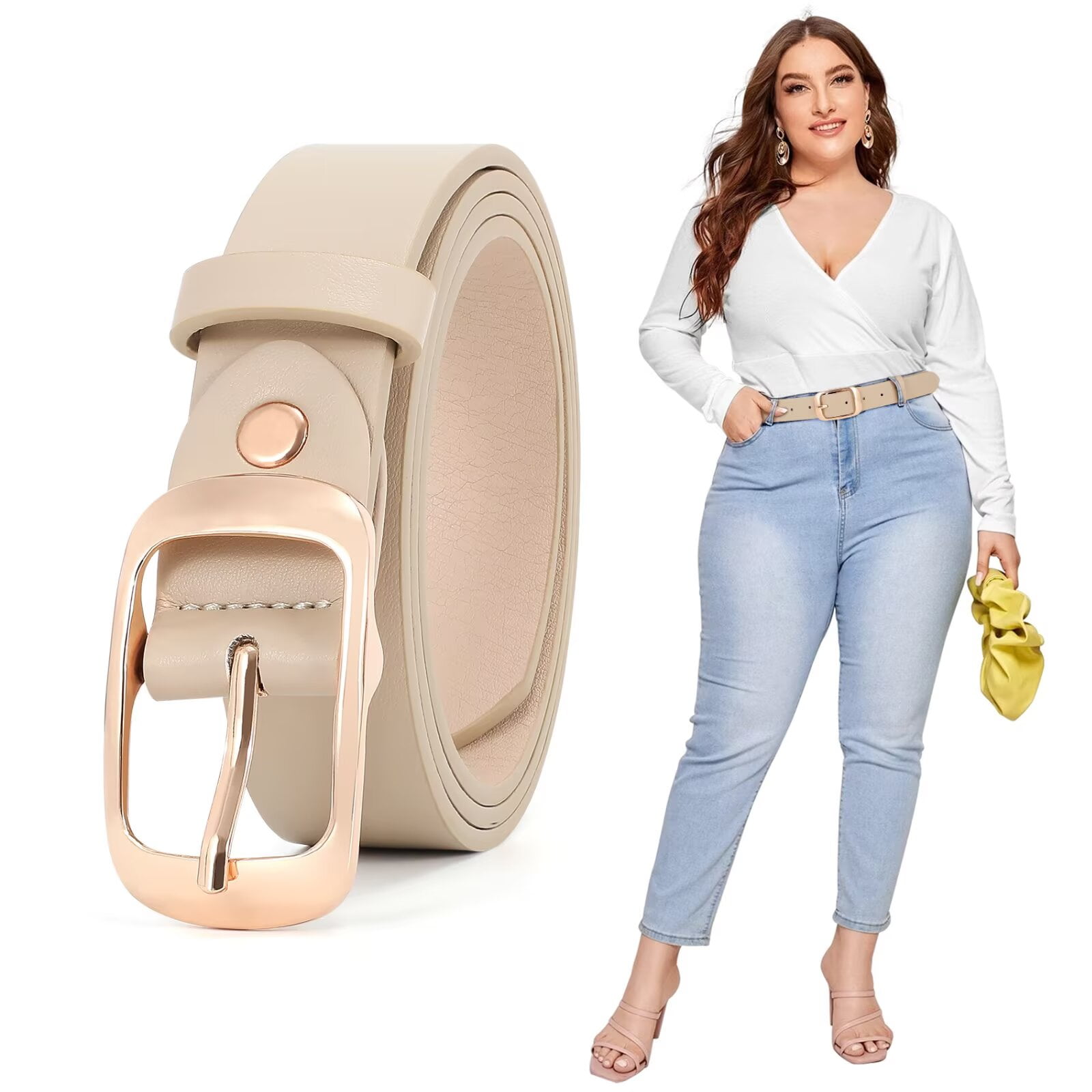JASGOOD Women's Belts Plus Size Leather Belts Beige Waist Belts with ...