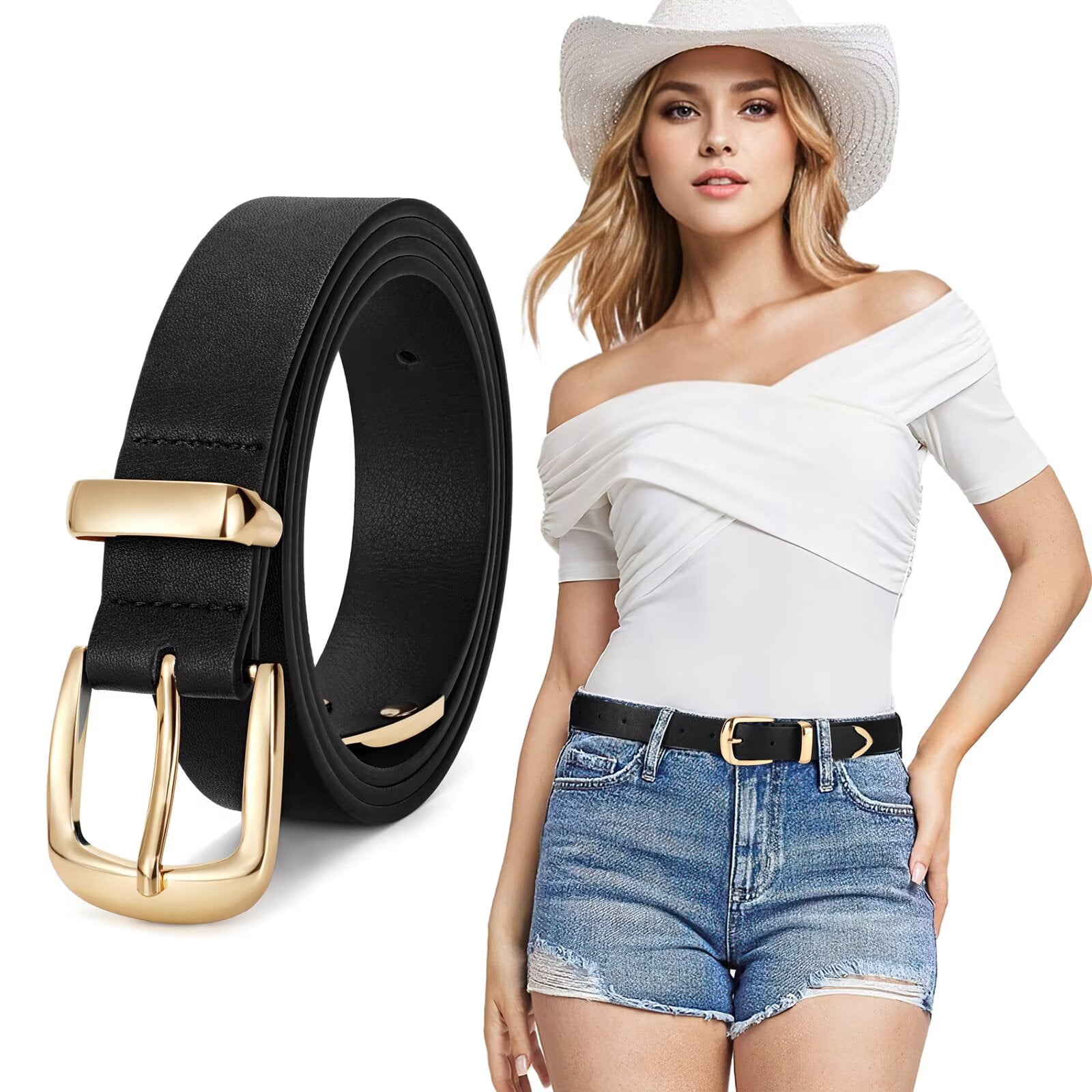 JASGOOD Women Leather Belt Fashion Belts with Gold Buckle Black ...
