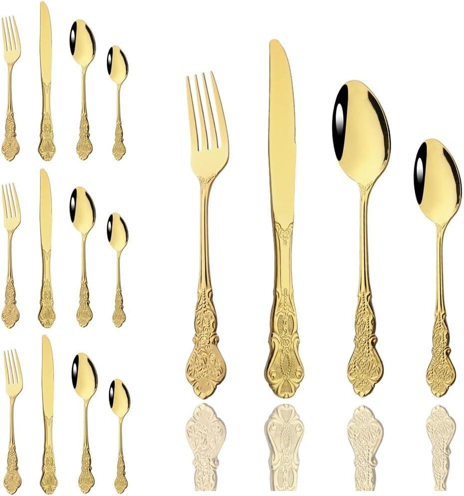 JASHII Palace Gold Silverware Set 24 Piece Family Dinnerware Set ...