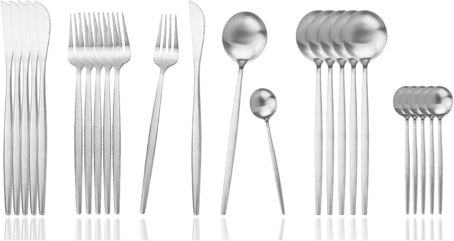 JASHII Silverware Set, 24-Piece Stainless Steel Flatware Set,Kitchen ...