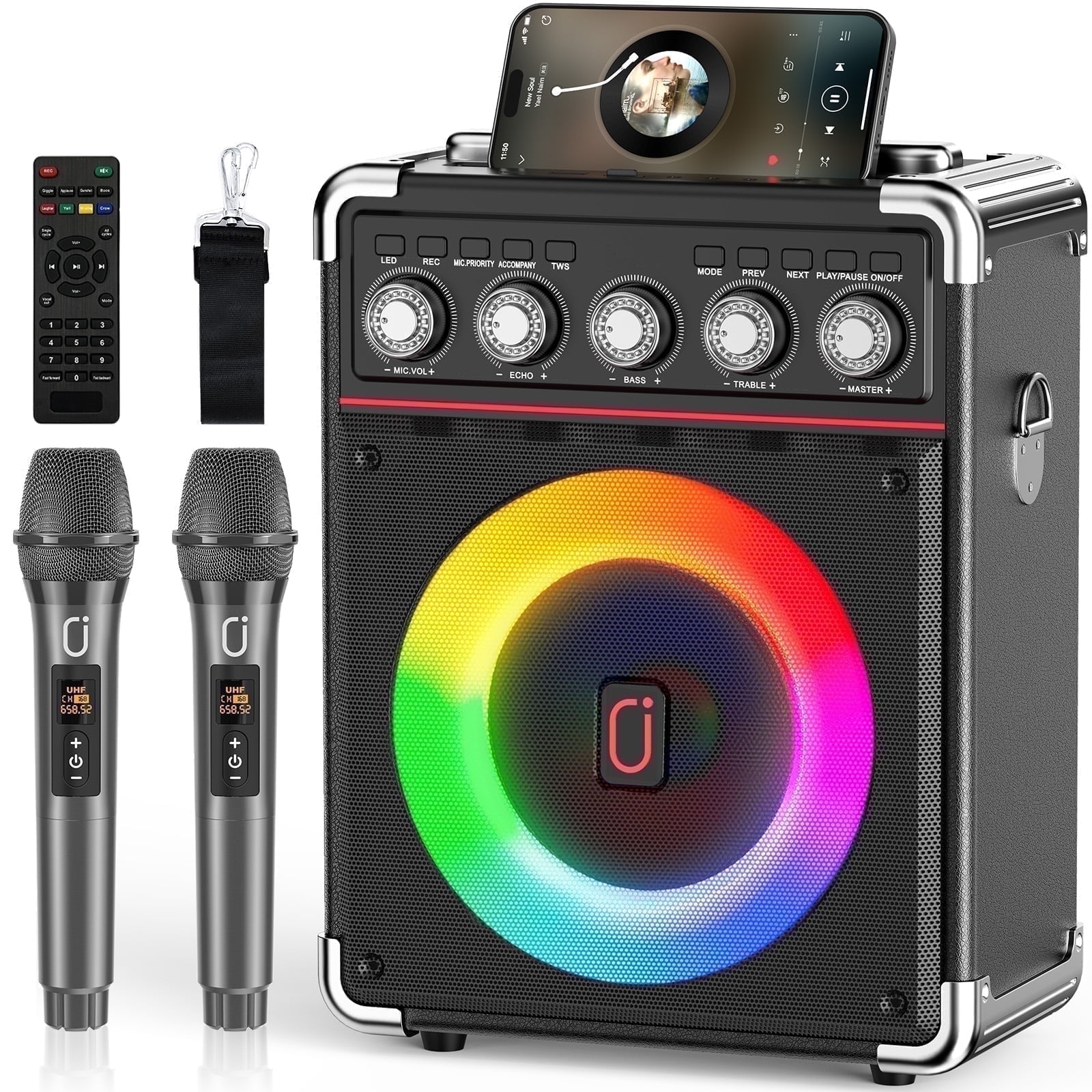 JAUYXIAN Karaoke Machine, Home Karaoke System with 2 Microphone, Subwoofer, DJ Lights, Remote ...