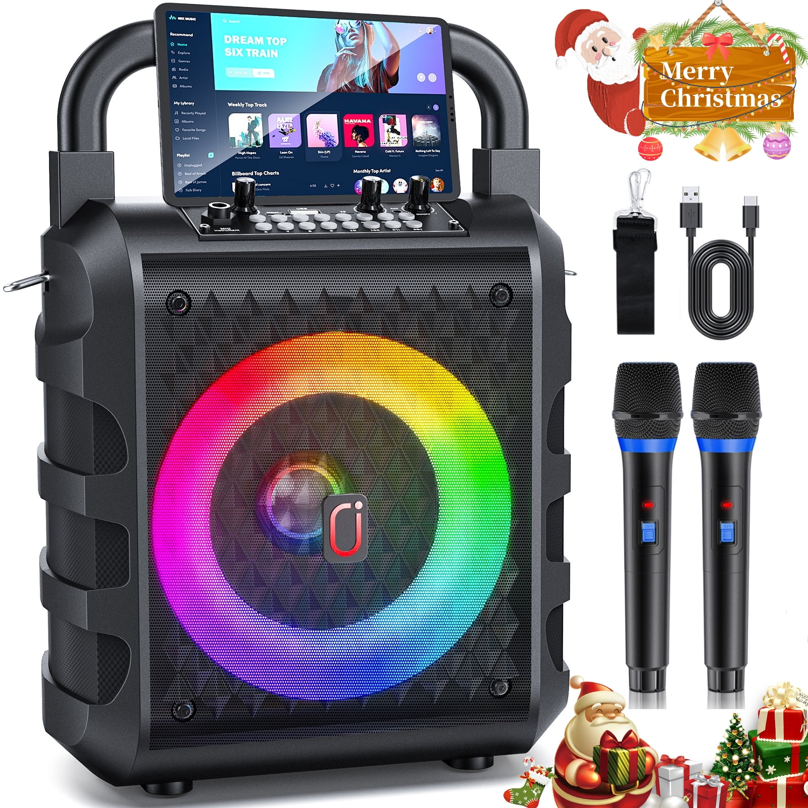 JAUYXIAN Portable Bluetooth Karaoke Machine with 2 Wireless Microphones, Outdoor PA System with ...