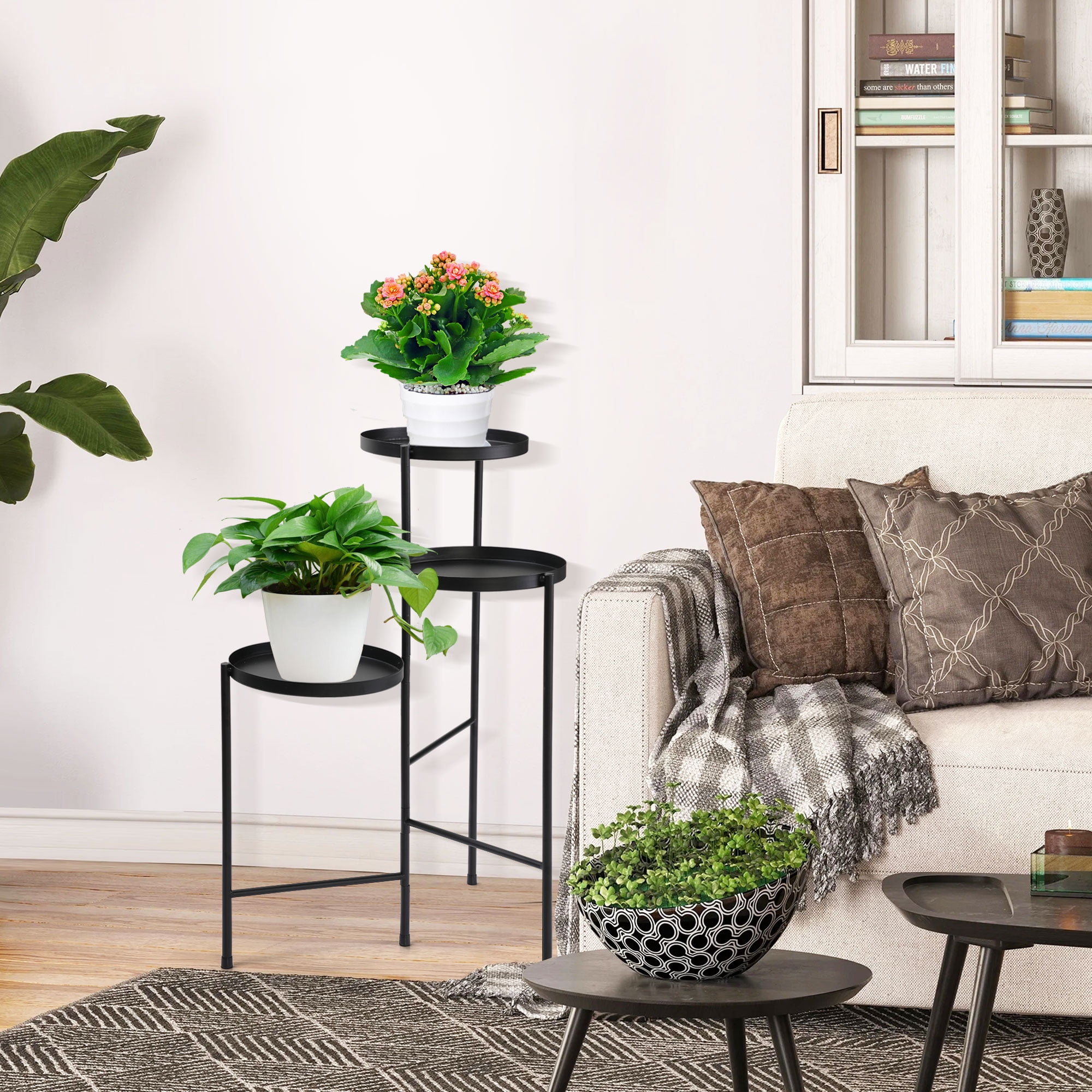 JAXPETY 3 Tier Foldable Plant Stand Plant Holder w/ Trays Balcony ...