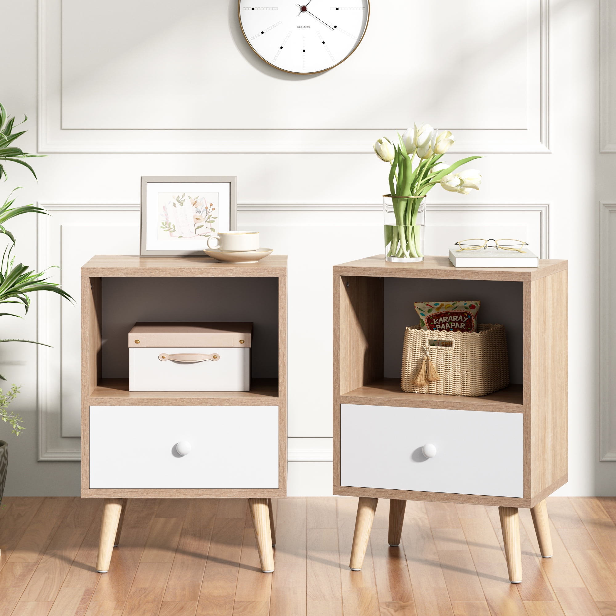 JAXPETY Unique Small Wood Nightstands, Set of 2, Bedside End Tables ...