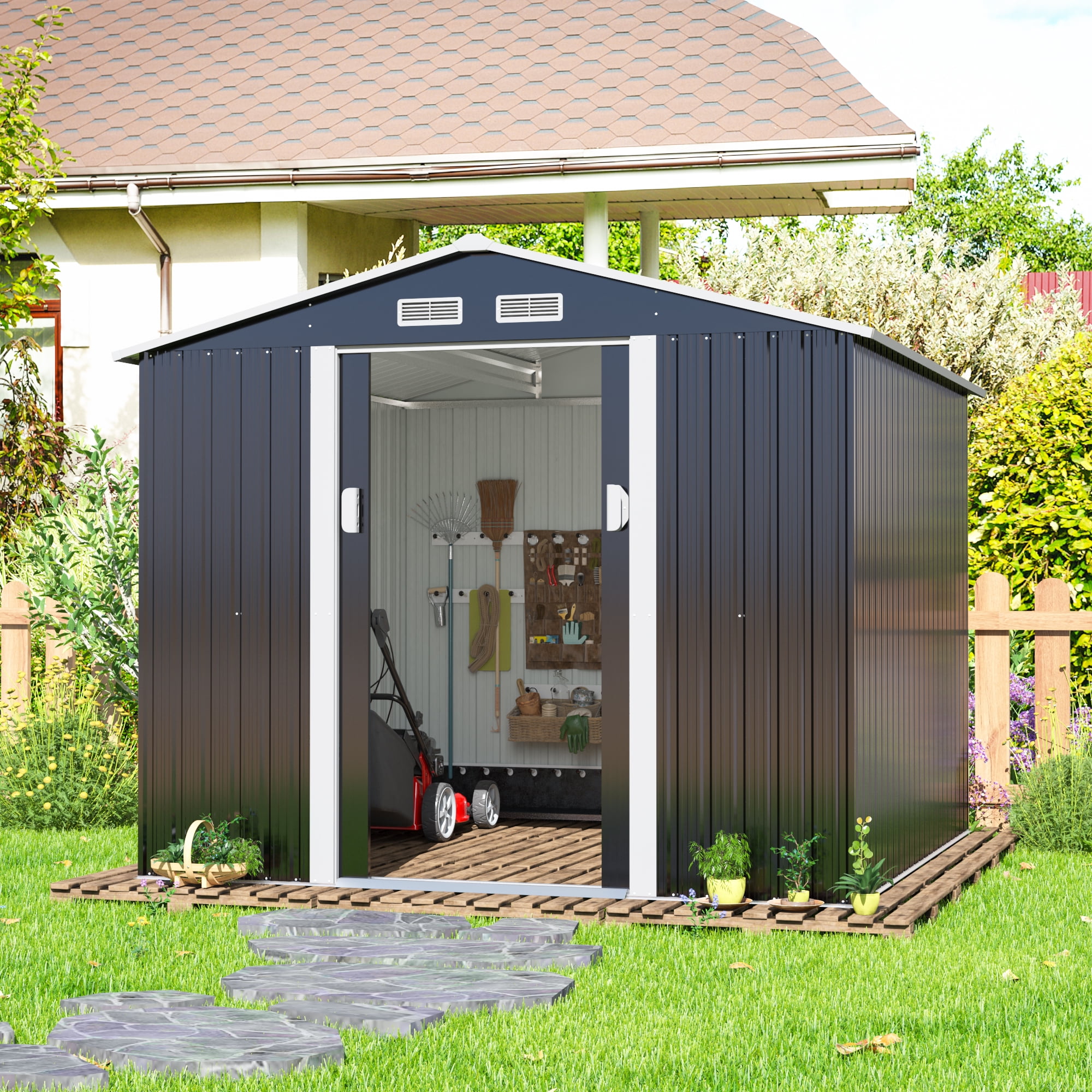 JAXSUNNY 8' x 8' Storage Shed 8' x 8' Outdoor Garden Shed Metal Shed ...