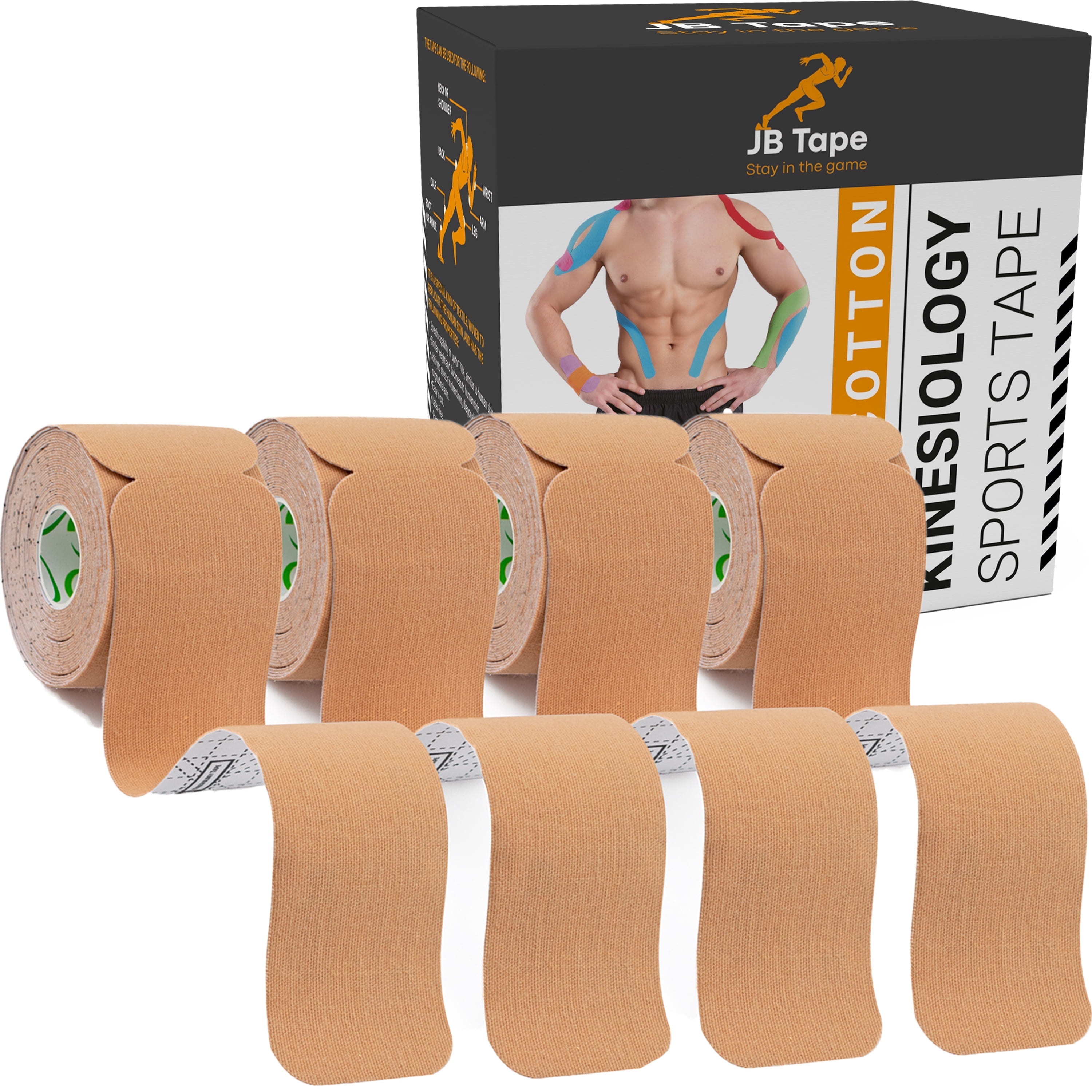 JB Kinesiology Sports Tapes, Beige, 80 Pre-Cut Strips, 4 Rolls HSA/FSA ...
