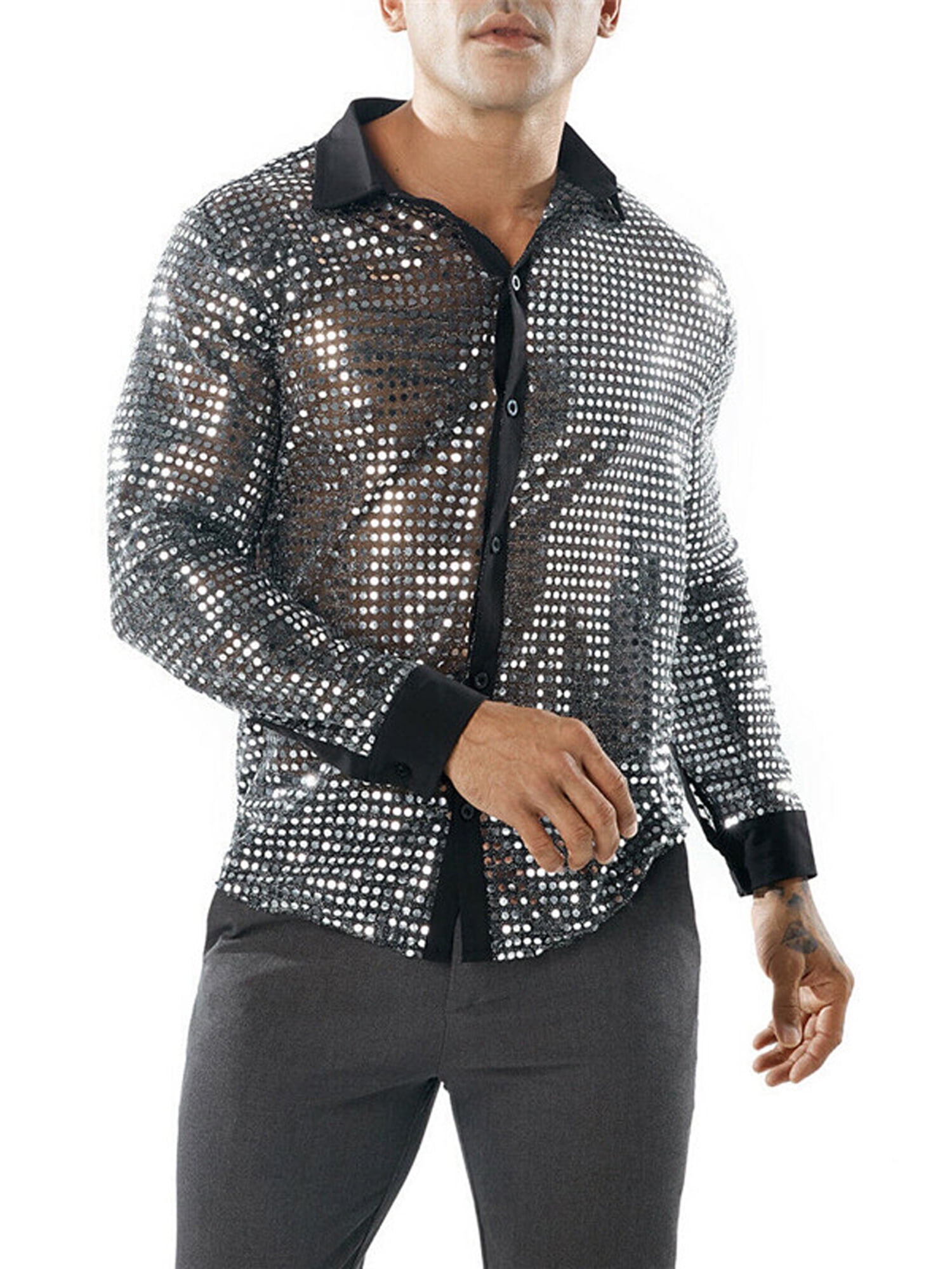 JBEELATE Mens Metallic Dress Shirts Long Sleeve Button Down 70s Disco ...