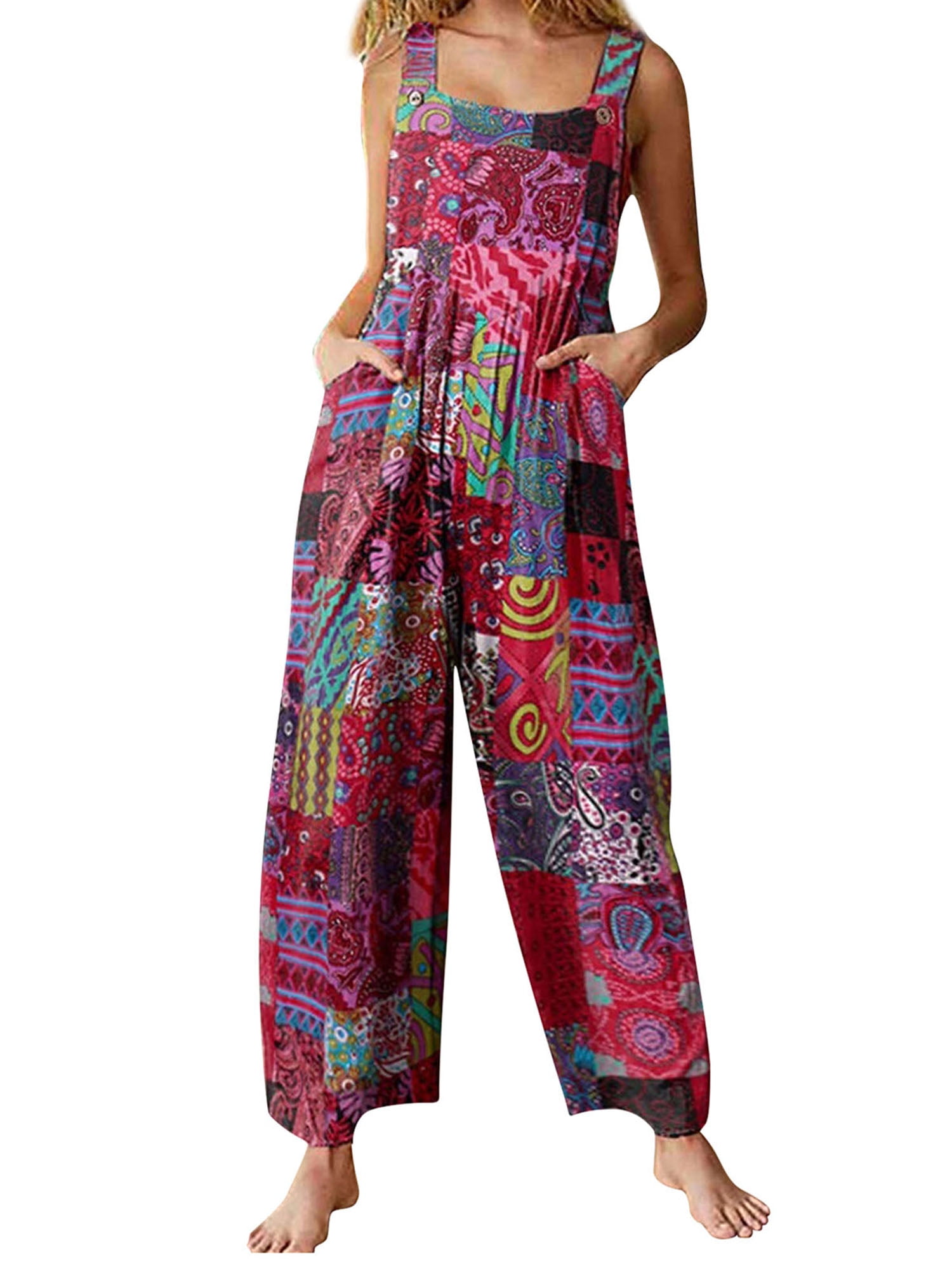 JBEELATE Women Casual Loose Bohemian Floral Print Wide Leg Jumpsuits ...