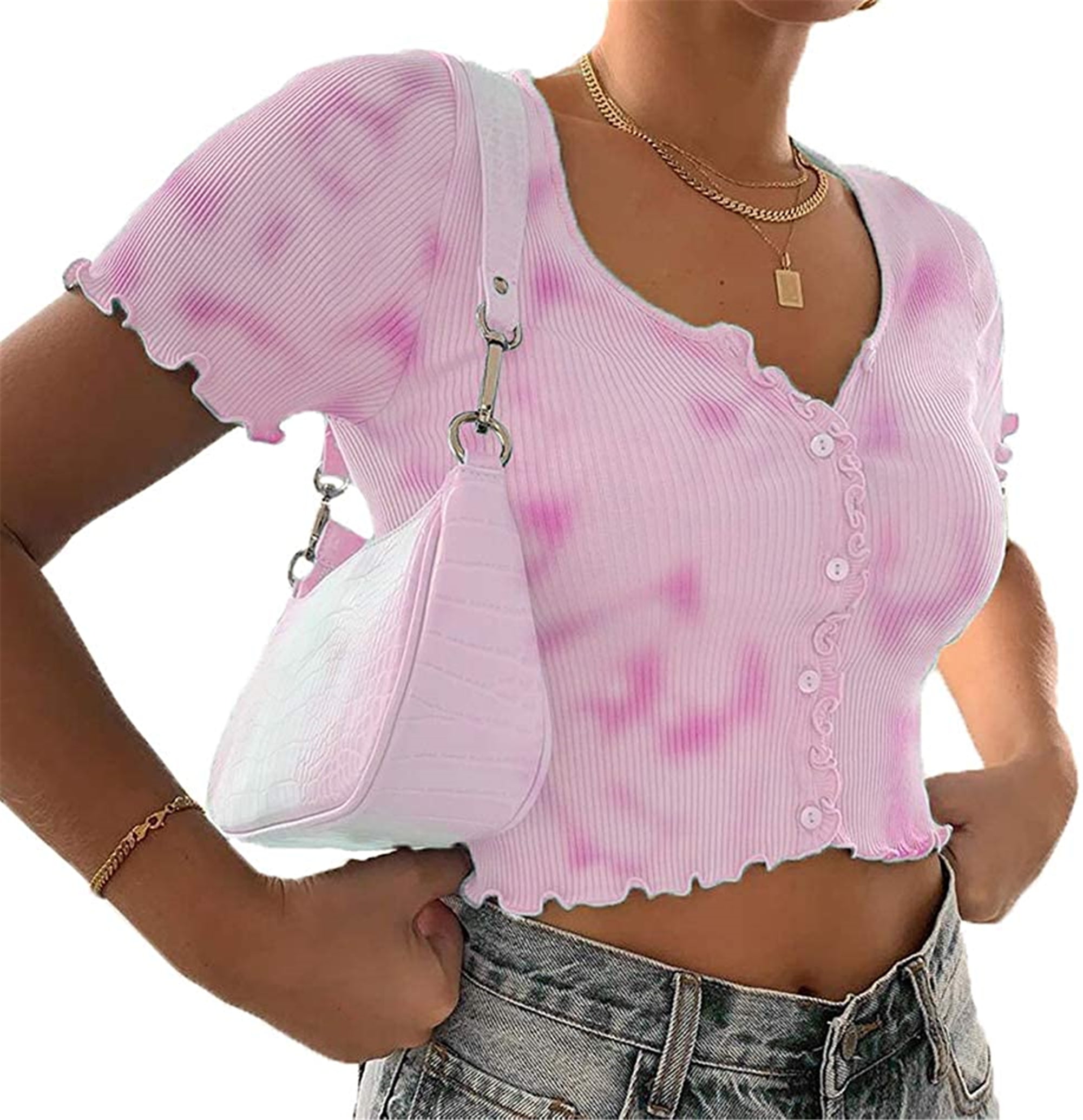 JBEELATE Women Ruffle Crop Top T-shirt V-neck Short Sleeve Buttons Silm ...