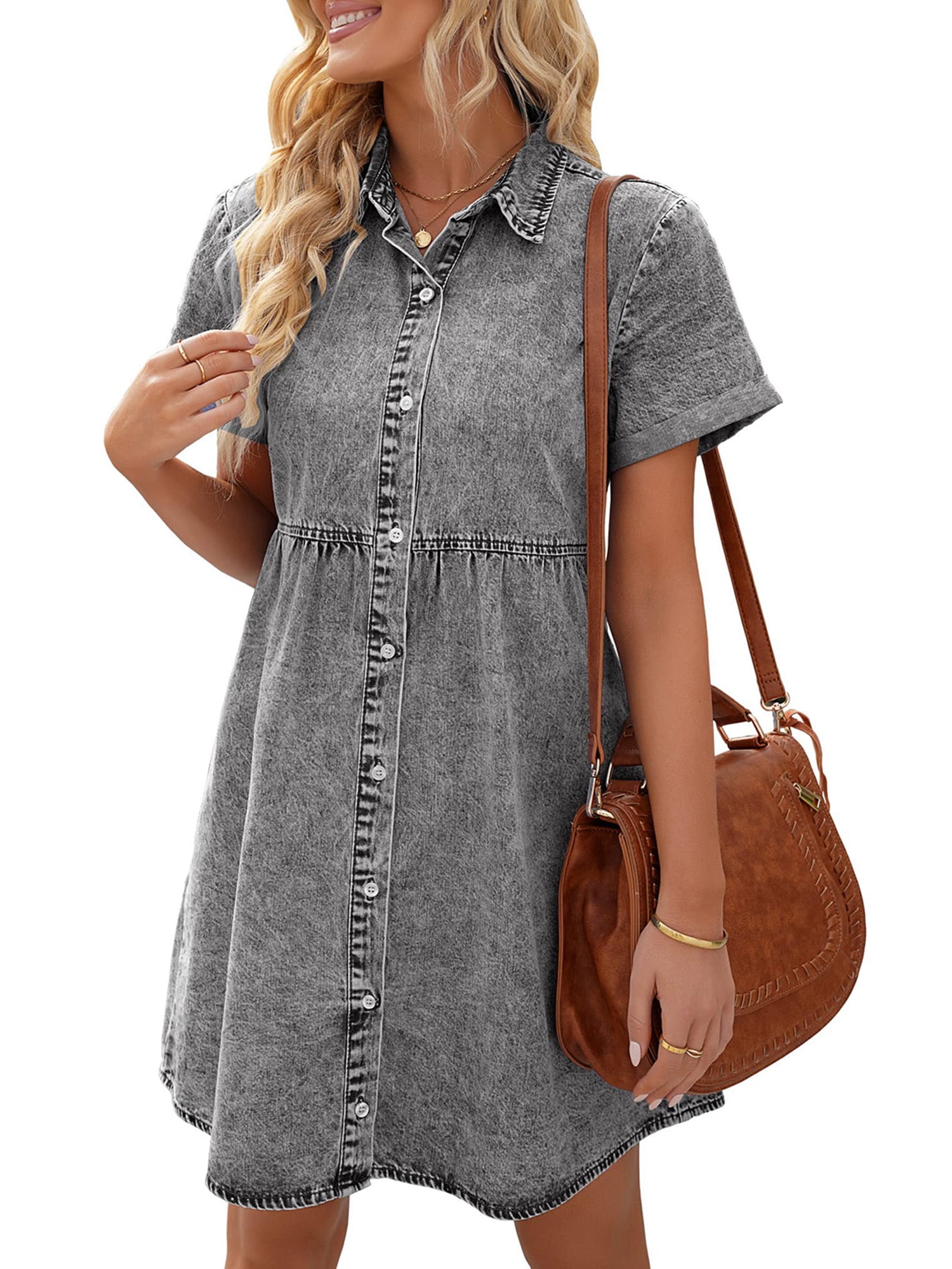 JBEELATE Women Summer Babydoll Denim Mini Dress Short Sleeve Button ...