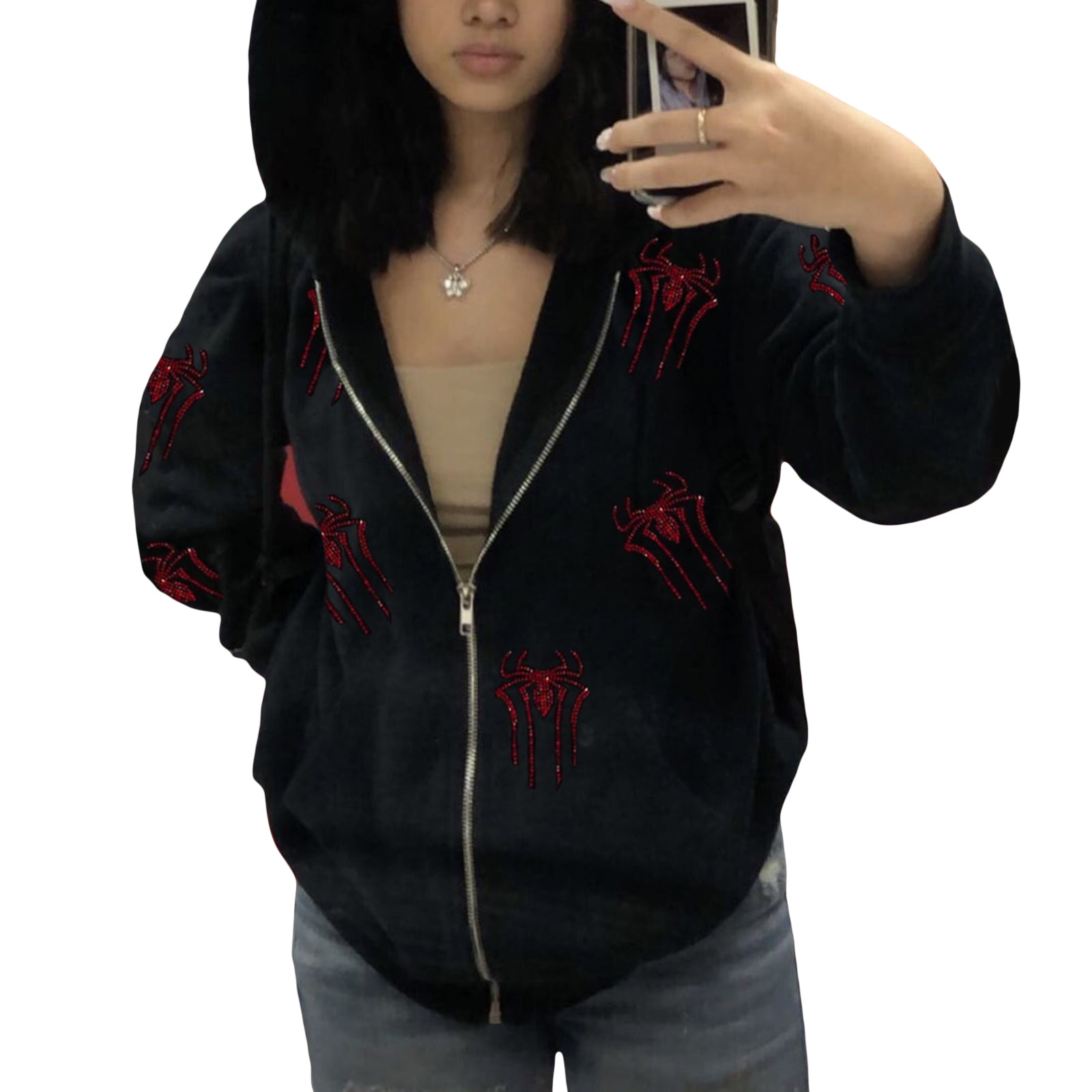 JBEELATE Y2k Skeleton Full Zip Up Hoodies Women Men Rhinestone Skull Graphic Print Sweatshirt ...