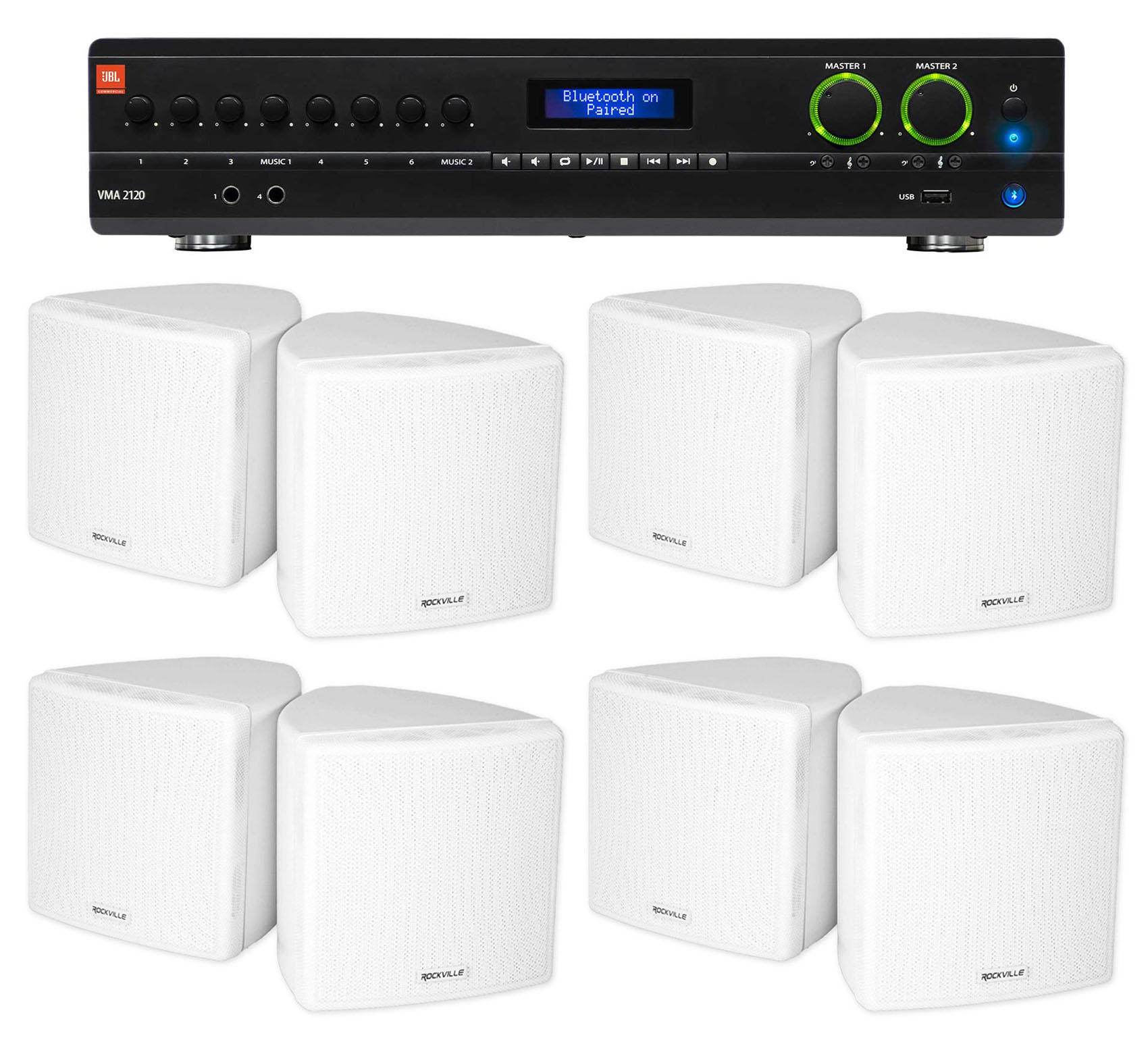 JBL 2-Channel Amplifier+(8) 3.5" White Cube Speakers for Restaurant/Bar ...