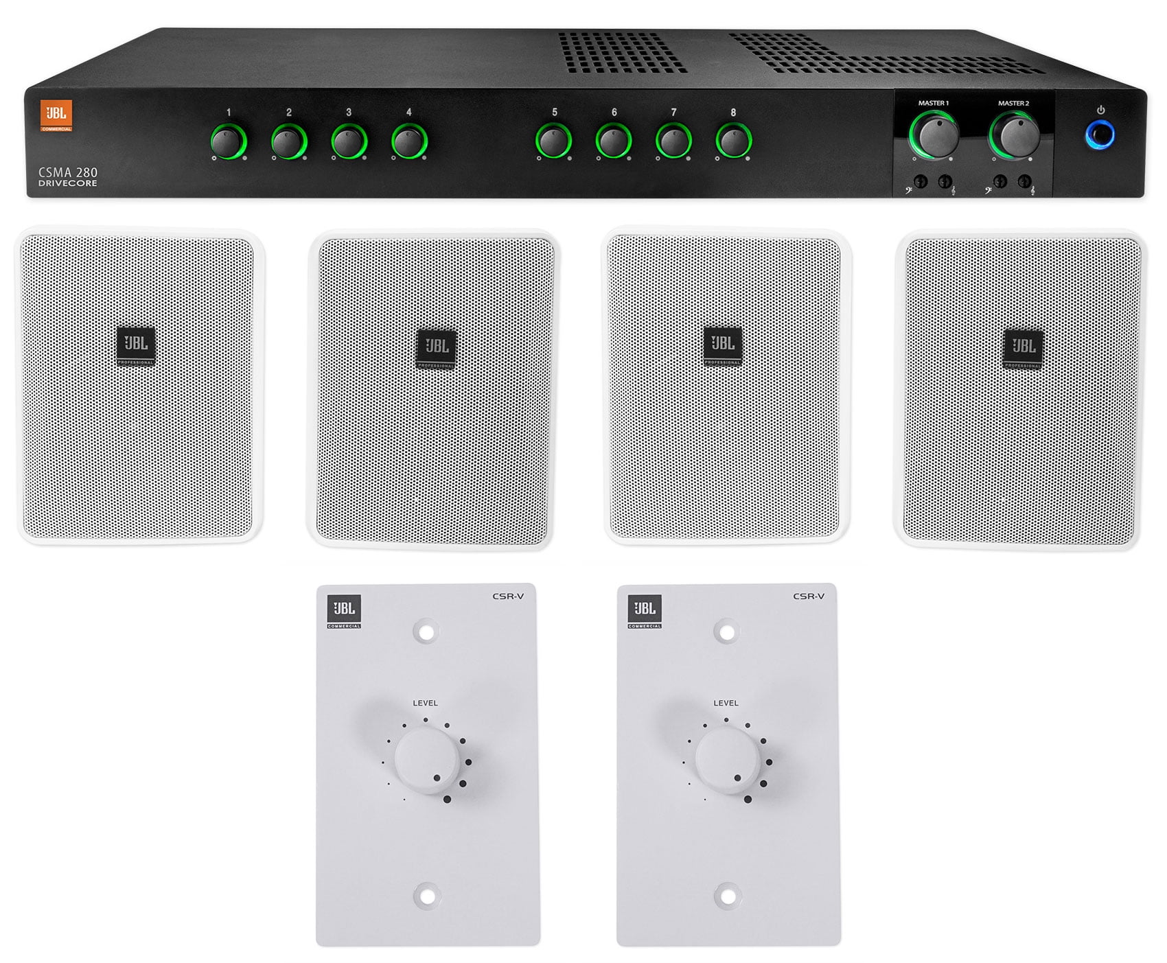 JBL CSMA280 Commercial Amplifier+(4) 6.5" White Wall Speakers+(2) Wall ...