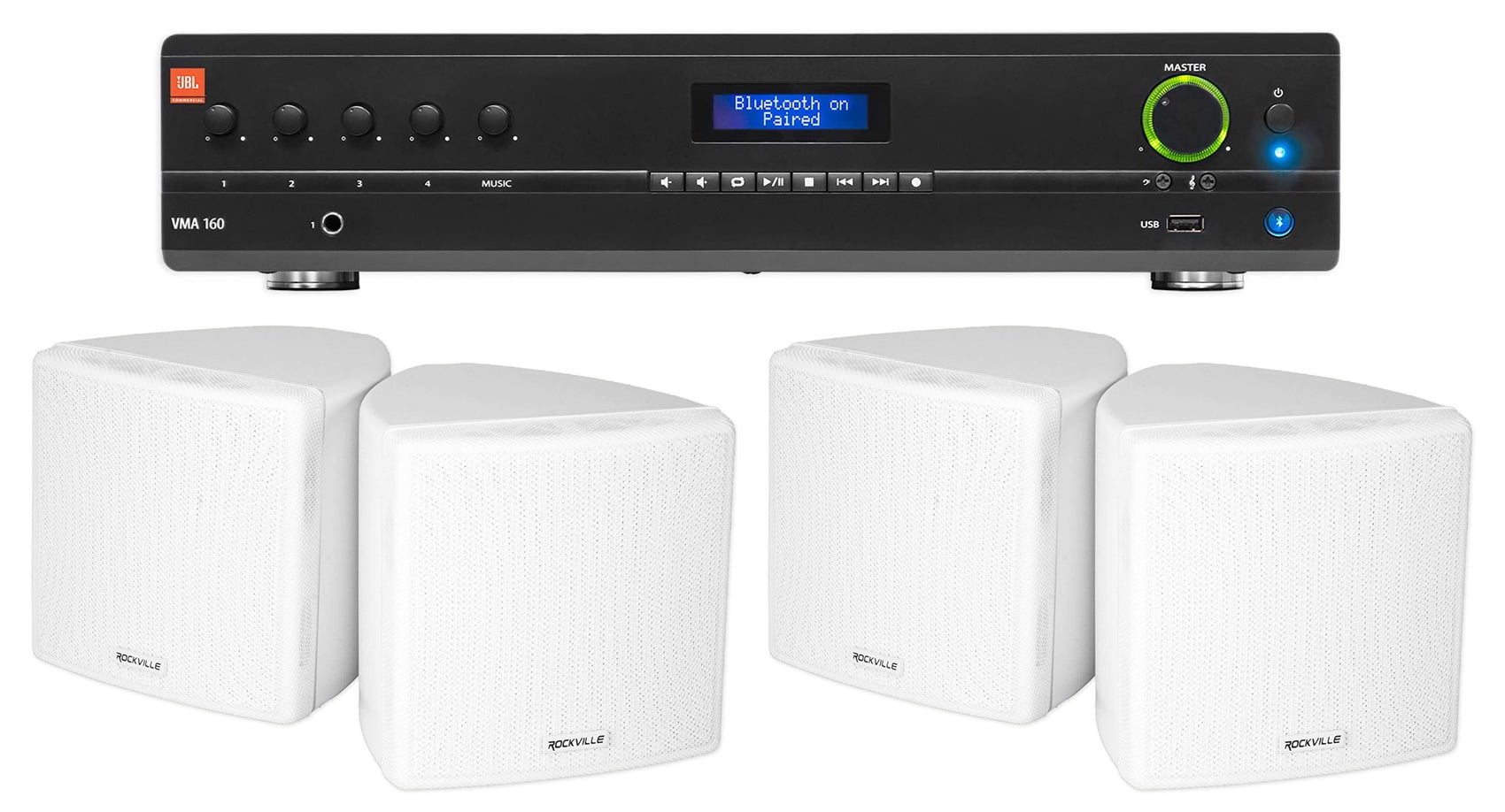 JBL Commercial Amplifier+(4) 3.5" White Cube Speakers for Restaurant ...