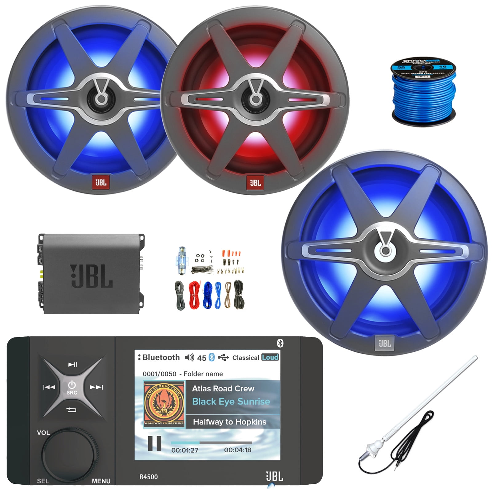 JBL R4500 4" Display Marine Bluetooth AM/FM/WB Stereo Receiver, 2x 8 ...