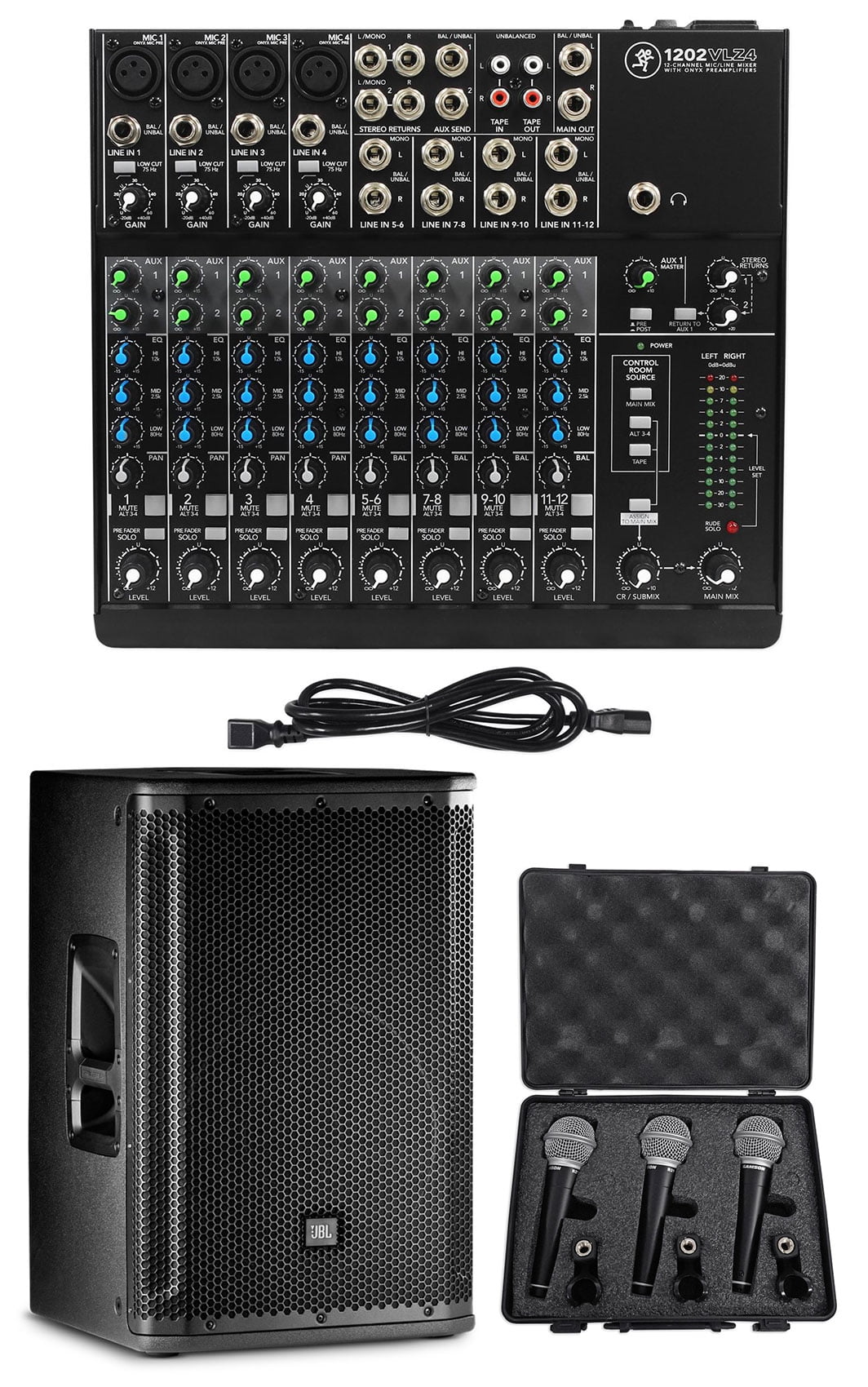 JBL SRX812P 12" 2000 Watt Powered DJ PA DSP Speaker Bundle with Mackie Mixer & (3) Samson Mics ...